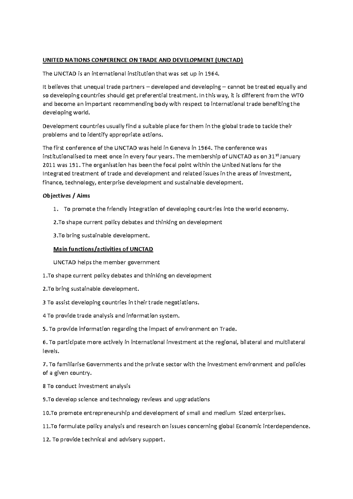 Unctad - Useful notes about United Nations Conference on Trade and ...