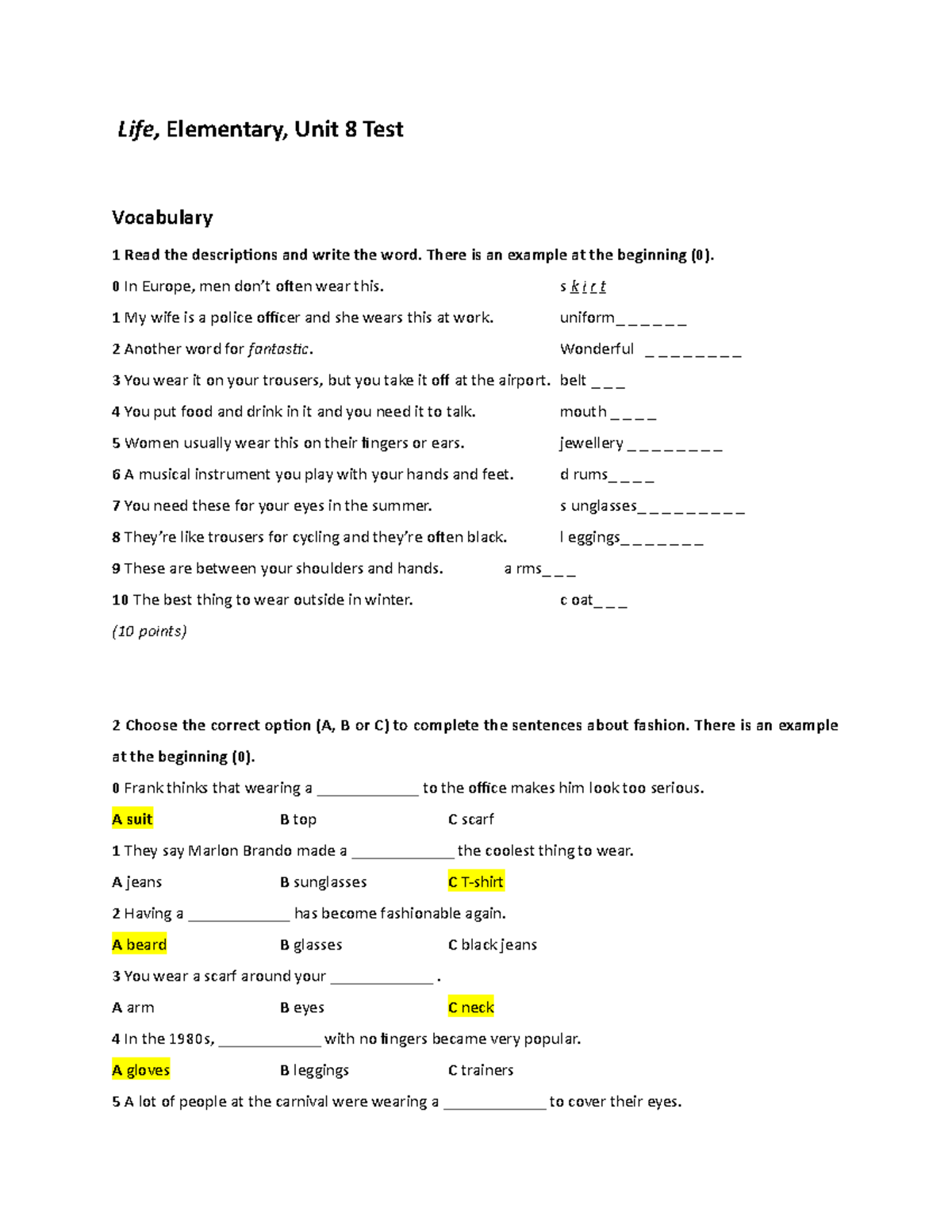 Life 2e Elementary Unit 8 Vocabulary and Grammar Test Guide - Studocu
