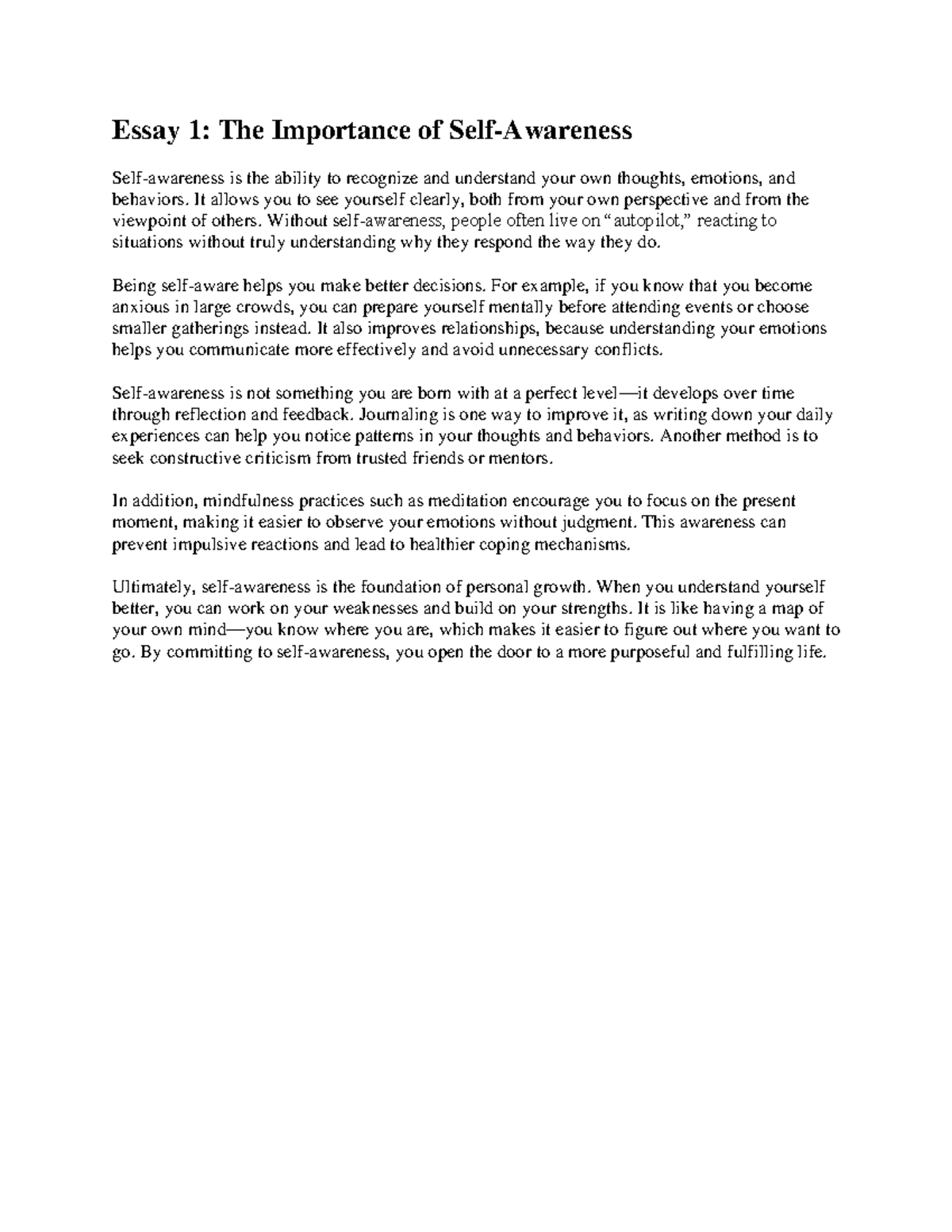 Essay 1: The Importance of Self-Awareness in Personal Growth - Studocu