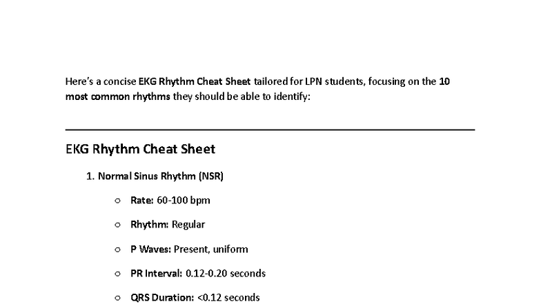 EKG Rhythm Cheat Sheet for LPN Students: Top 10 Rhythms Identified ...