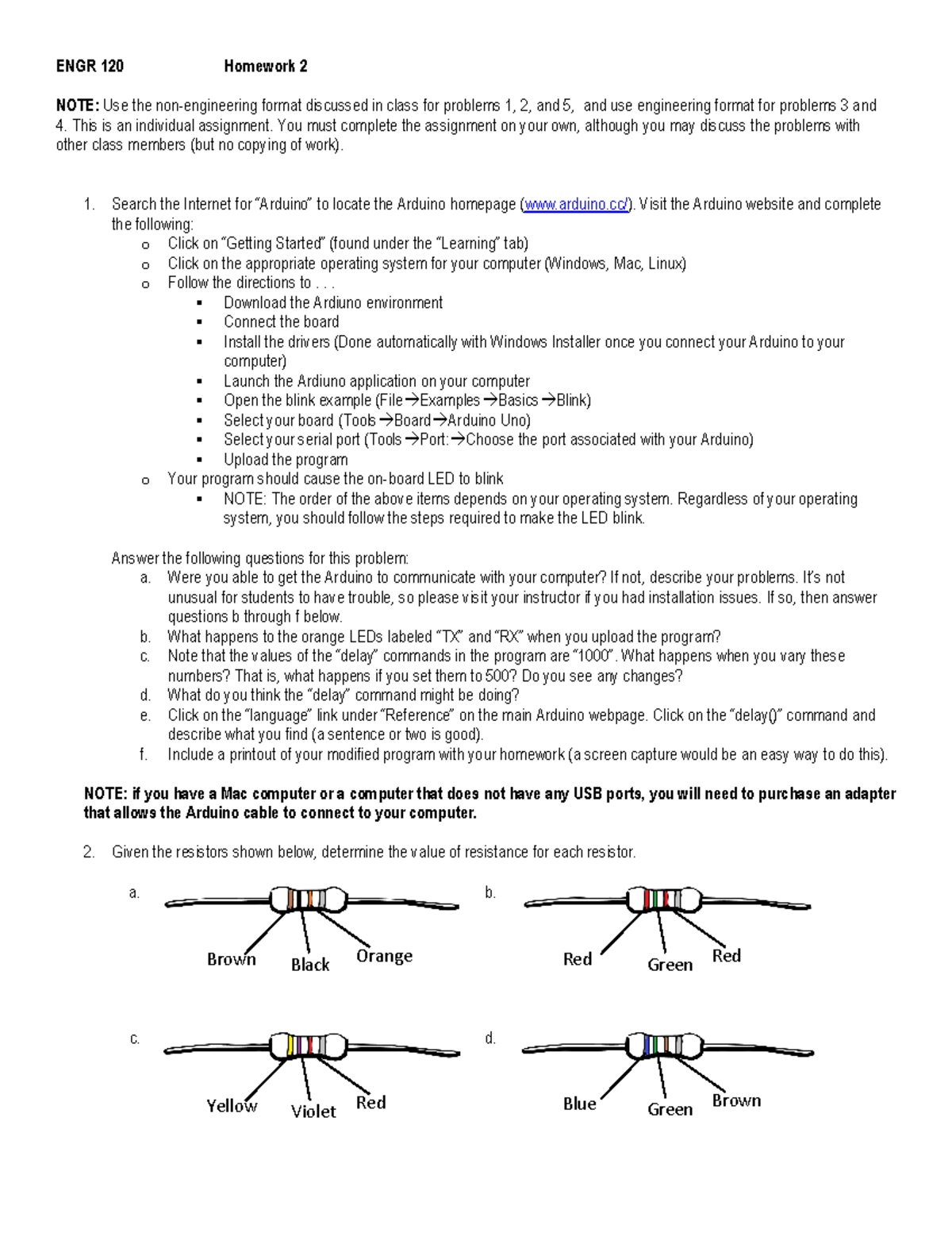 ENGR 120 Homework 2: Arduino Setup & Resistor Values Analysis - Studocu