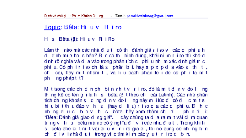 Tìm Hiểu Hệ Số Bêta (β): Đánh Giá Rủi Ro Đầu Tư (TCDN) - Studocu