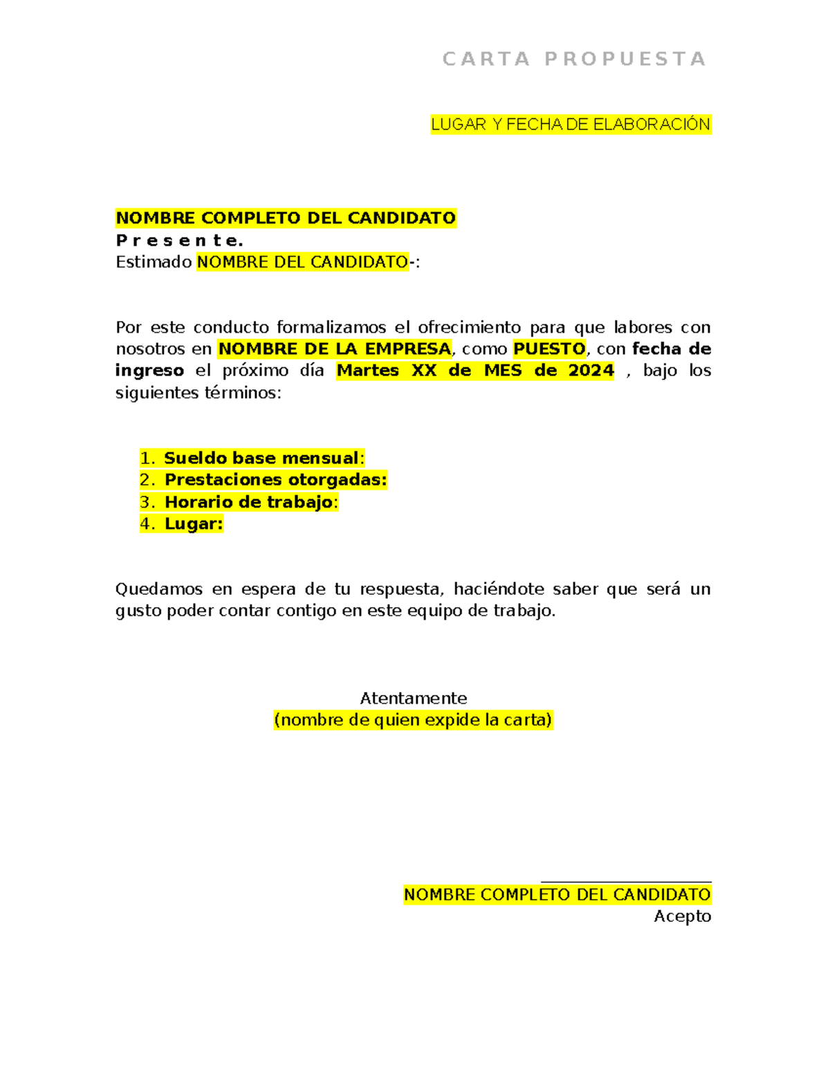 Carta Propuesta - Ejemplo de Oferta Laboral 2024 - Studocu