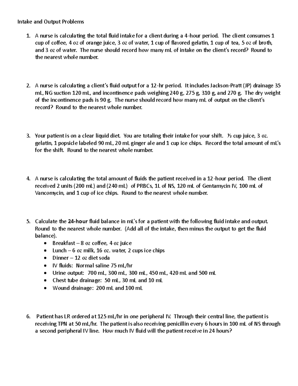 N307 I&O - Med Math: Fluid Intake and Output Calculations - Studocu