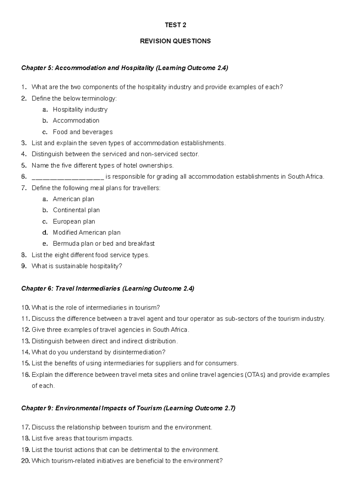 TEST 2 REVISION QUESTIONS: Tourism Impact Analysis (Chapters 5-12 ...