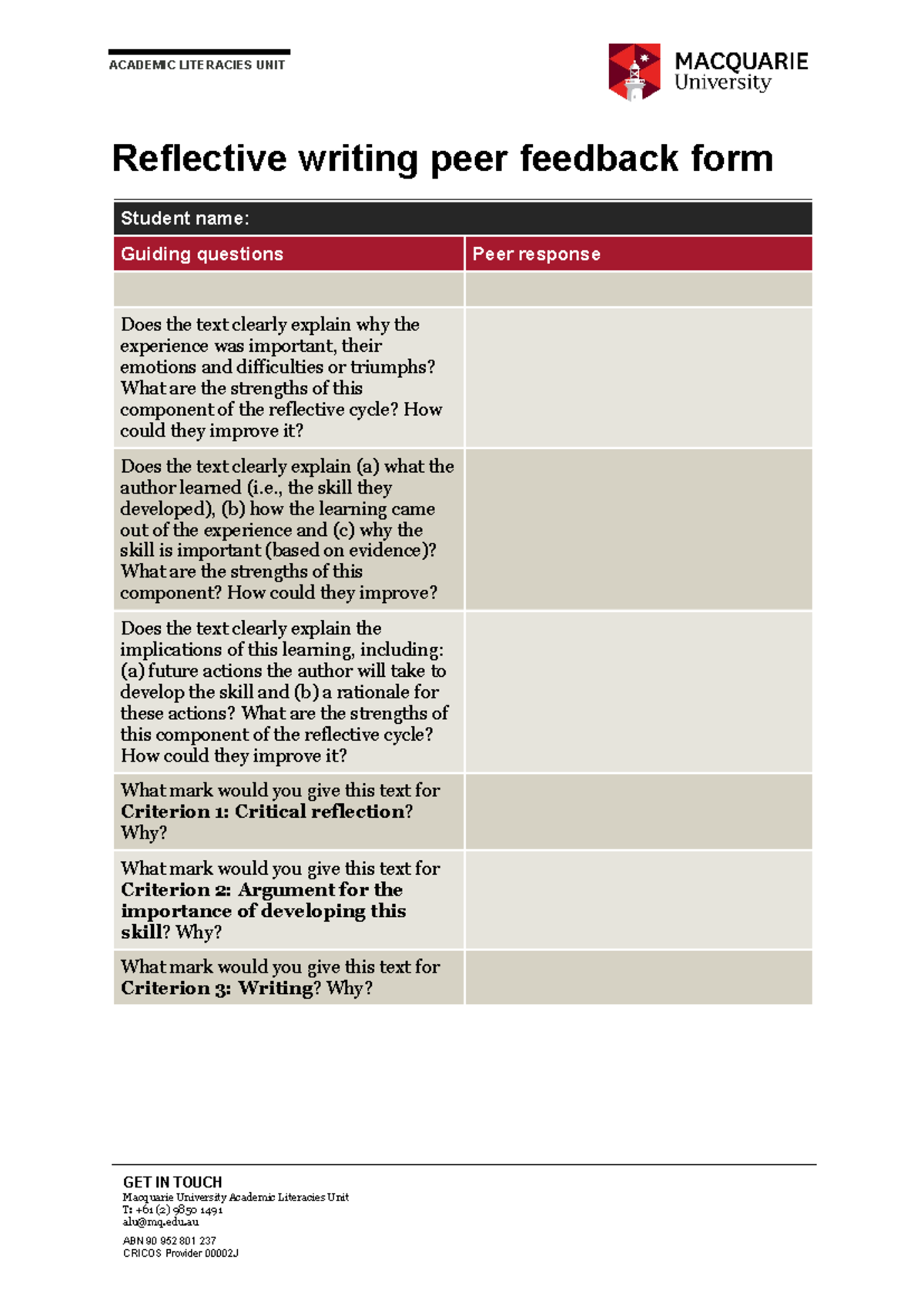 Peer Feedback - Lecture notes - ACADEMIC LITERACIES UNIT Reflective ...