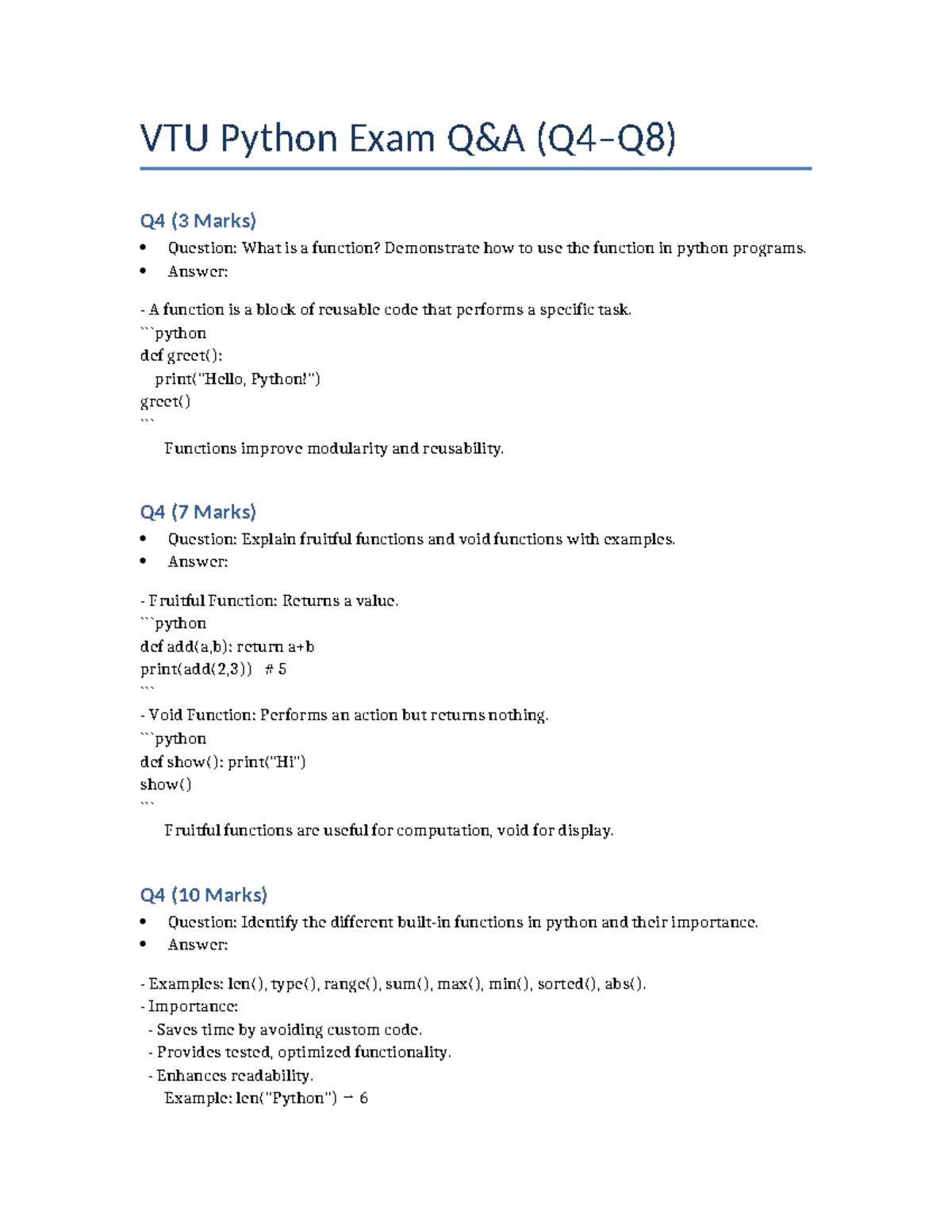 VTU Python QA Q4-Q8 - Exam Answers and Explanations - Studocu