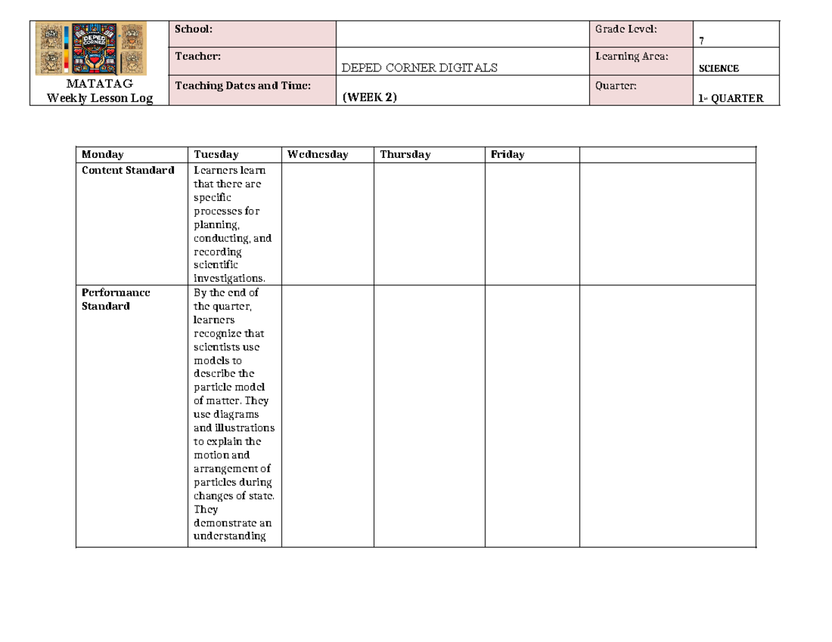 DLL-WEEK 2- Grade 7- Science - Understanding Particle Models - Studocu