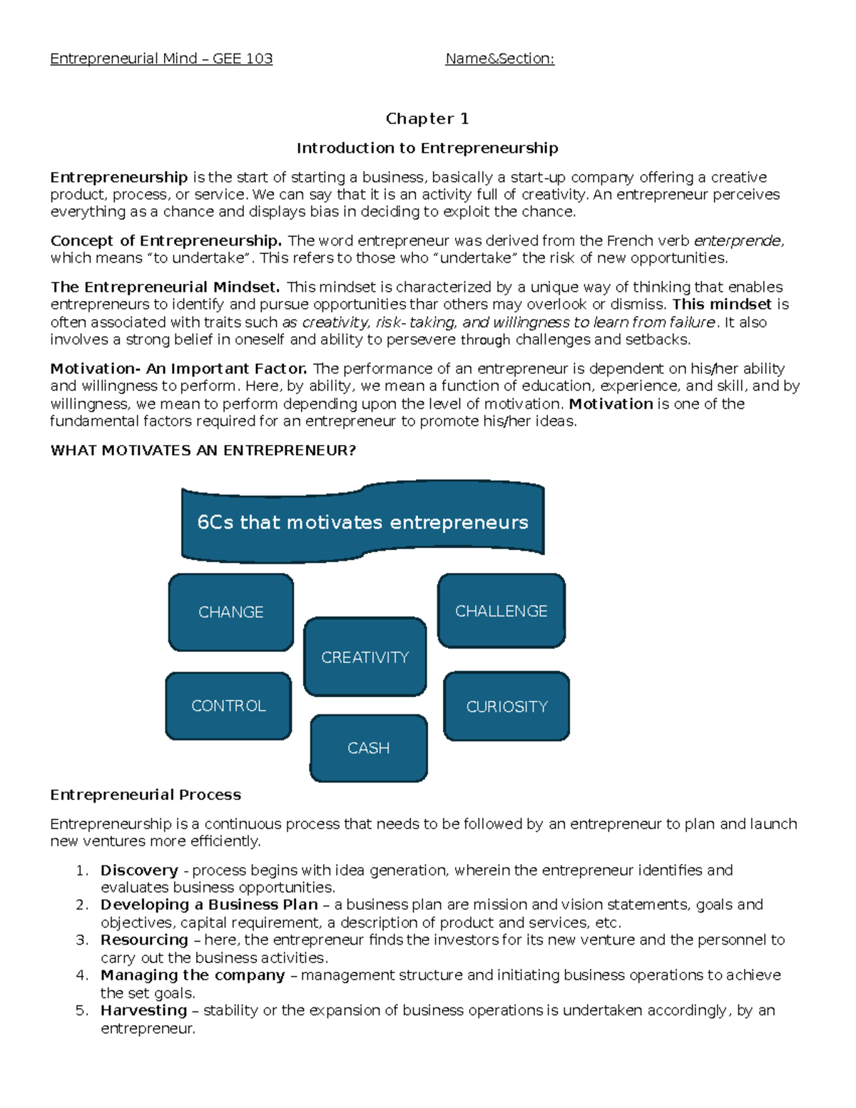 GEE 103 Chapter 1: Introduction to the Entrepreneurial Mindset - Studocu