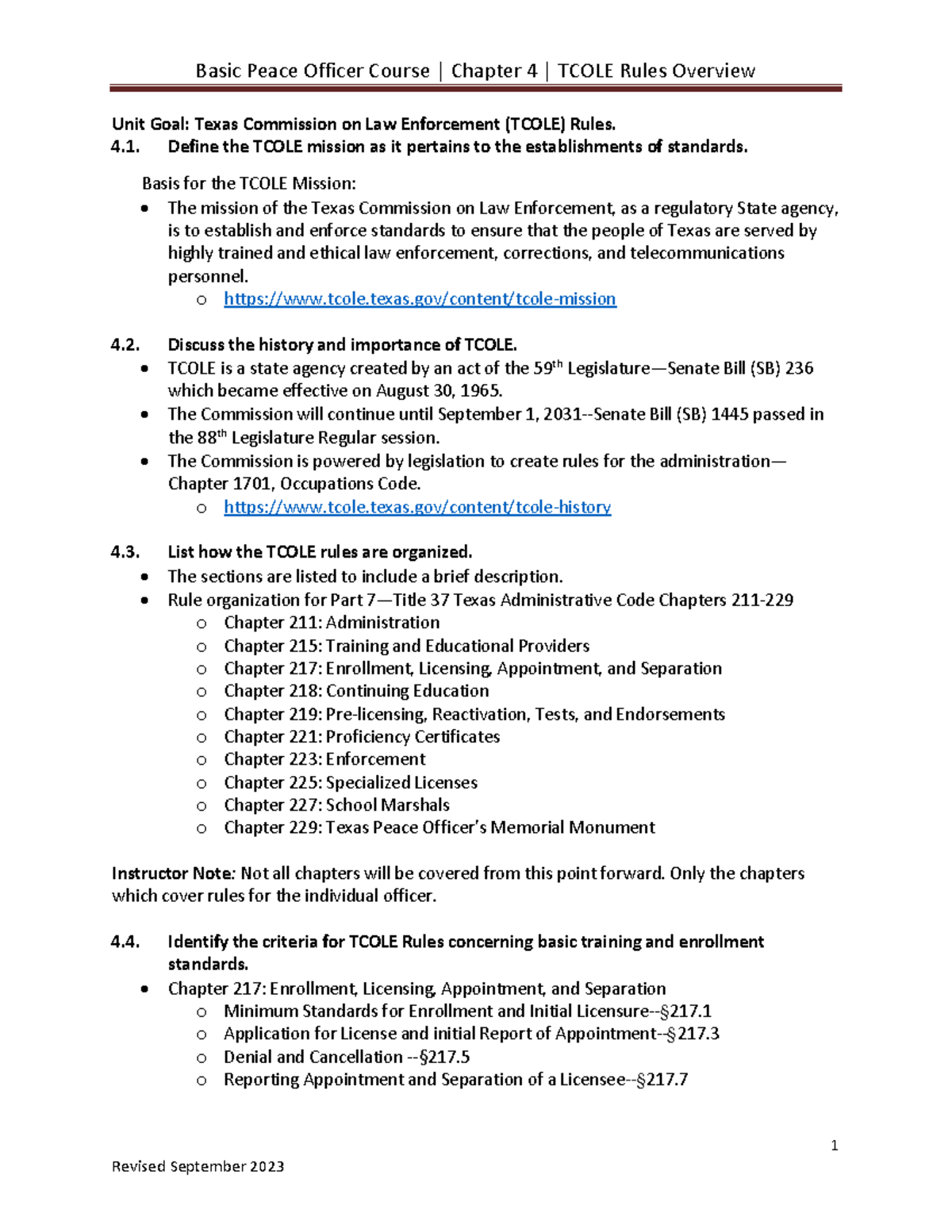 Basic Peace Officer Course (TCOLE) Chapter 4: Rules Overview - Studocu