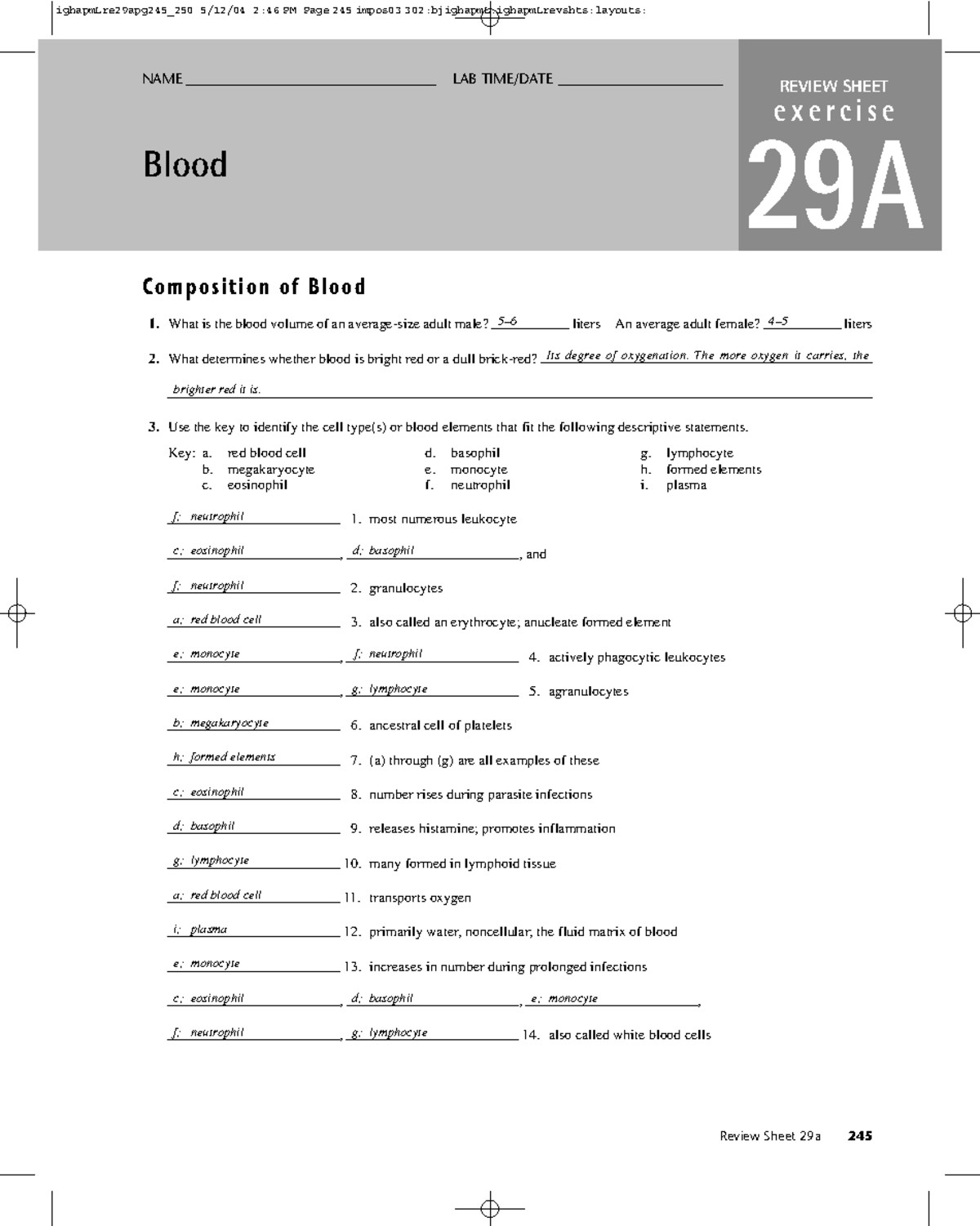 Blood Composition and Functions: Review Sheet (BIO 101) - Studocu