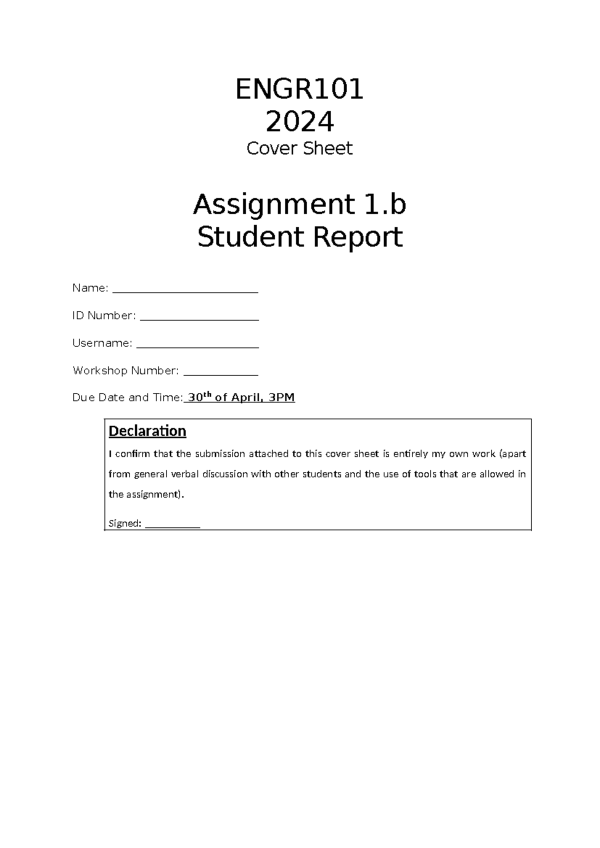 2024 ENGR101 Assignment 1b Cover Sheet Template - Studocu