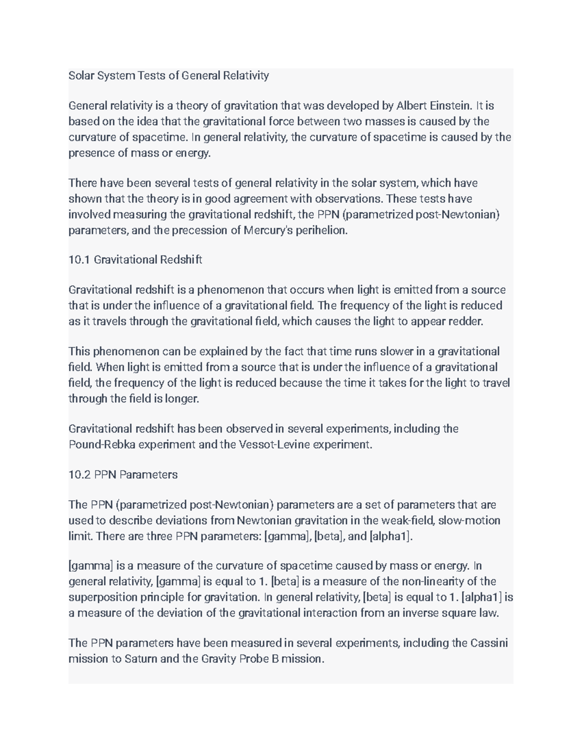 Chapter 10 Notes - 10. Solar System Tests of General Relativity 10.1 ...