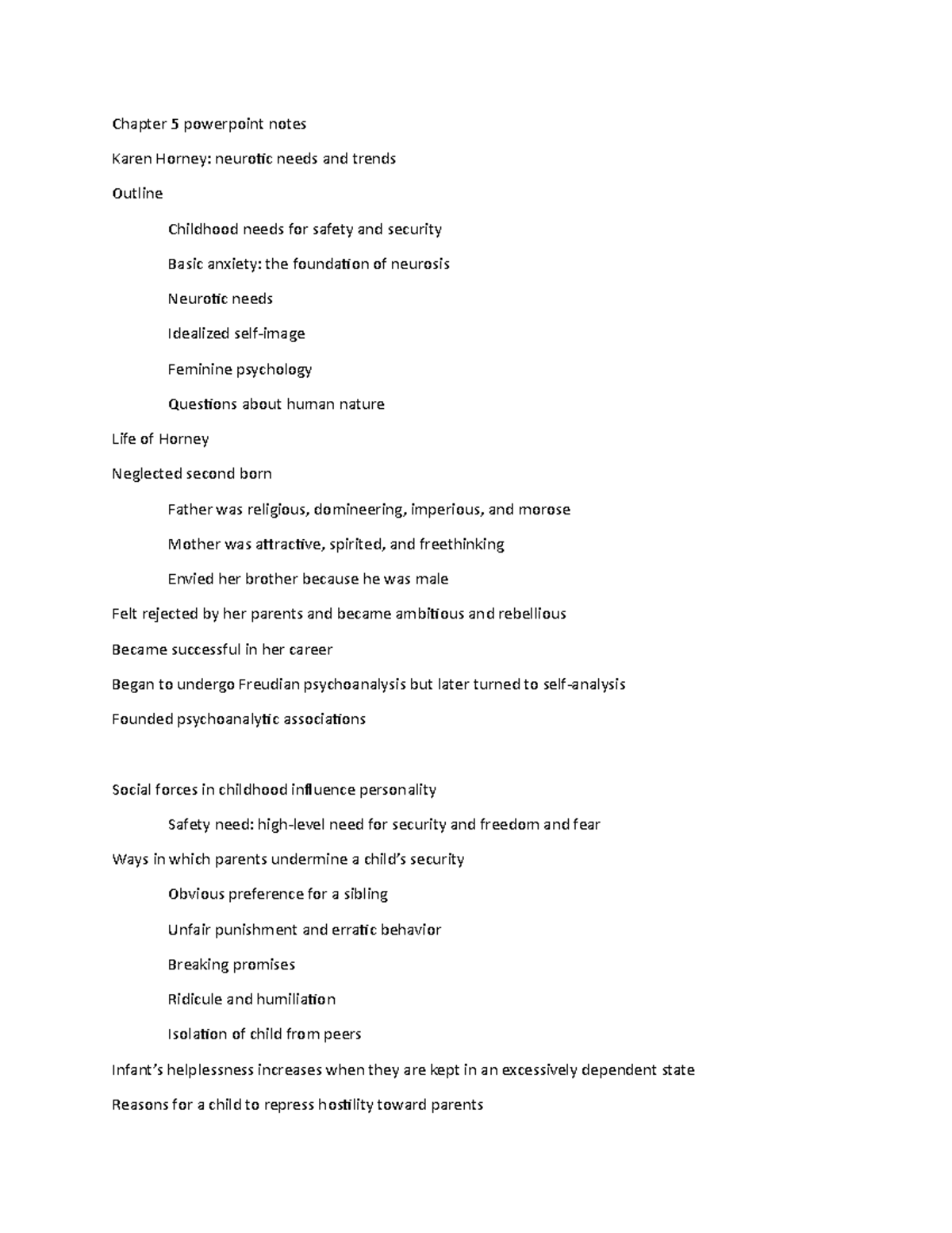 Chapter 5 powerpoint notes - Chapter 5 powerpoint notes Karen Horney ...