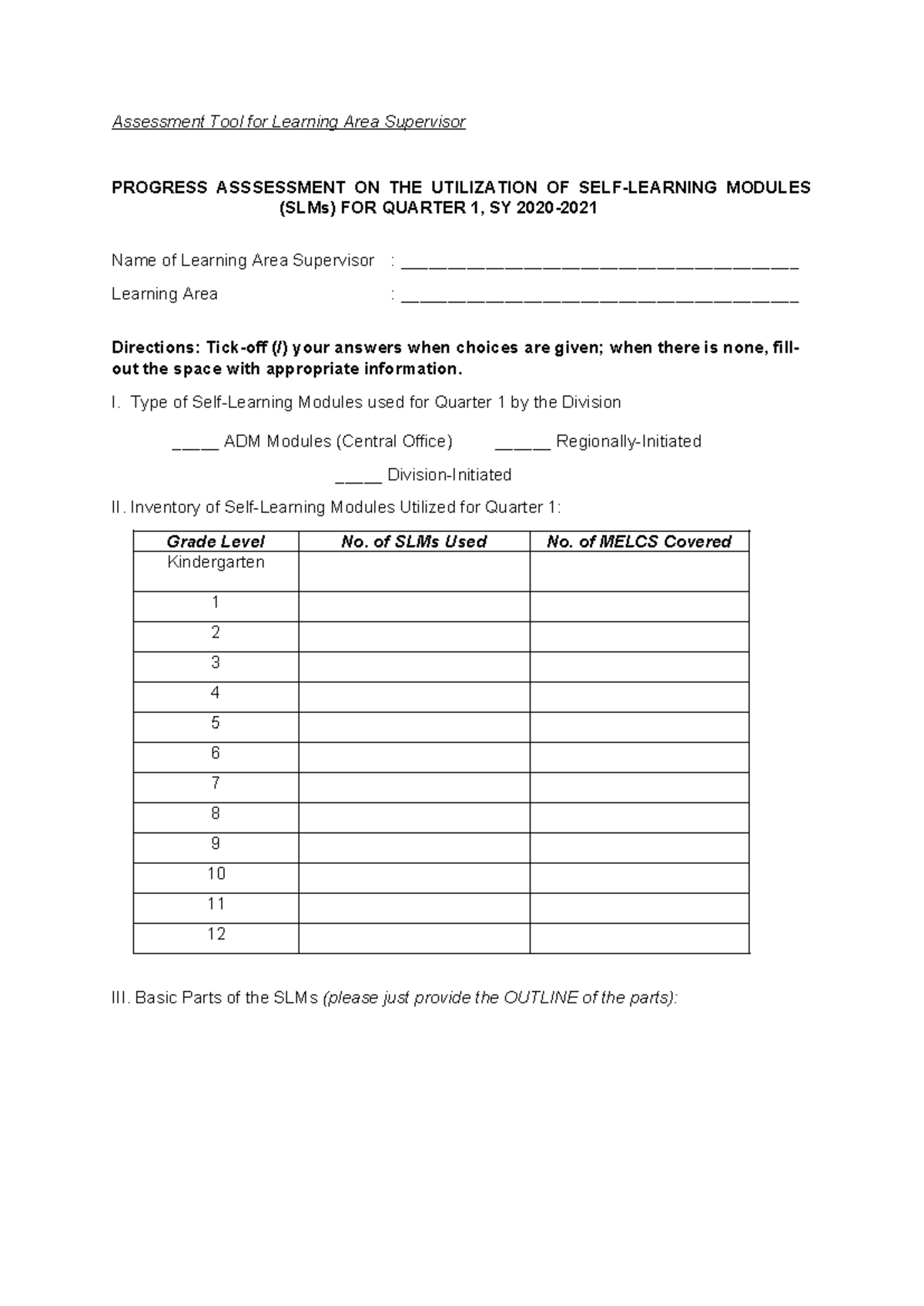 Assessment Tools for SLM Utilization: Progress Report Q1 SY 2023 - Studocu