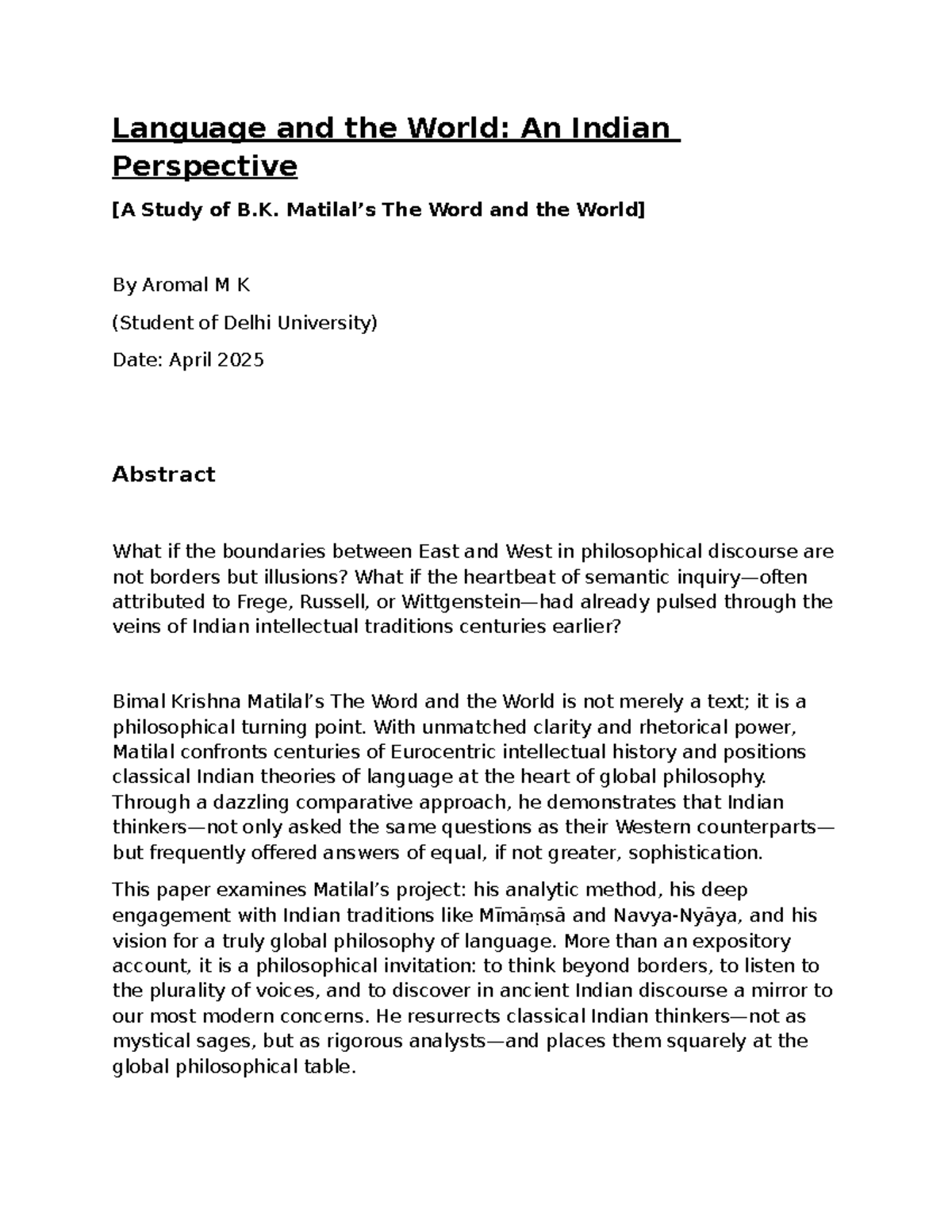 B.K. Matilal's contributions to language philosophy: A research paper ...