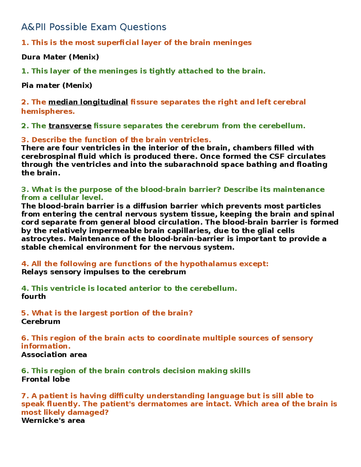 A&P II Module 2 Notes: Brain Structure, Functions, and Exam Questions ...
