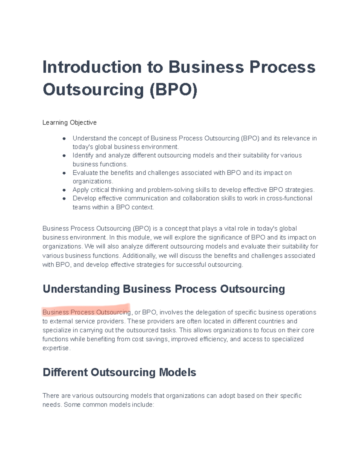 BPO1 Lesson 1: Understanding Business Process Outsourcing (BPO) - Studocu