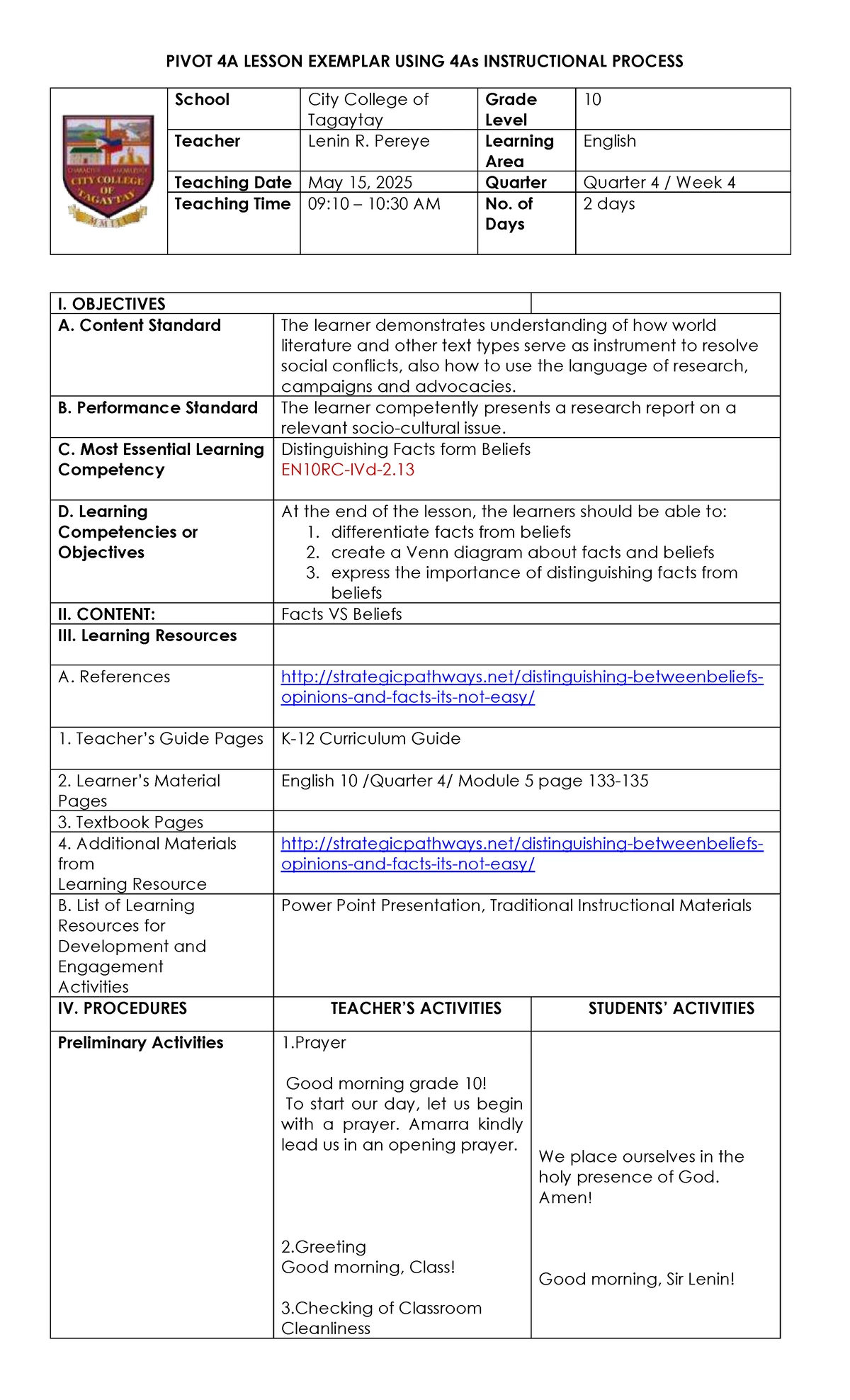 DLP - English 9 Lesson Plan: Understanding Infinitives and Their ...