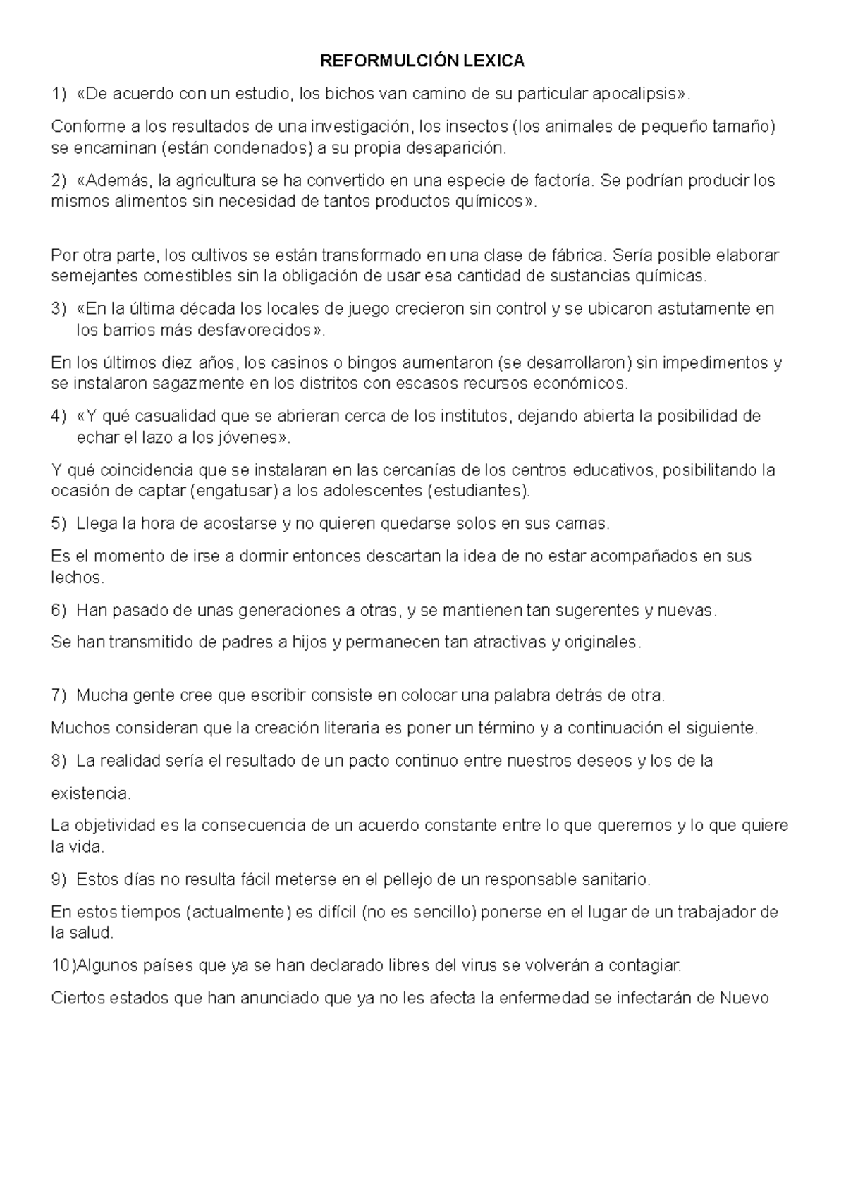 Reformulación Léxica - Ejercicios Prácticos y Análisis Crítico - Studocu