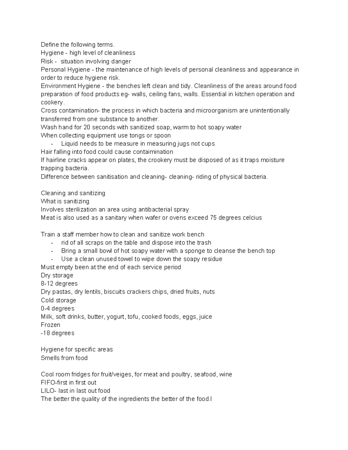 Year 11 Hospo (Kitchen Ops & Cookery) Food Safety & Hygiene Guide - Studocu