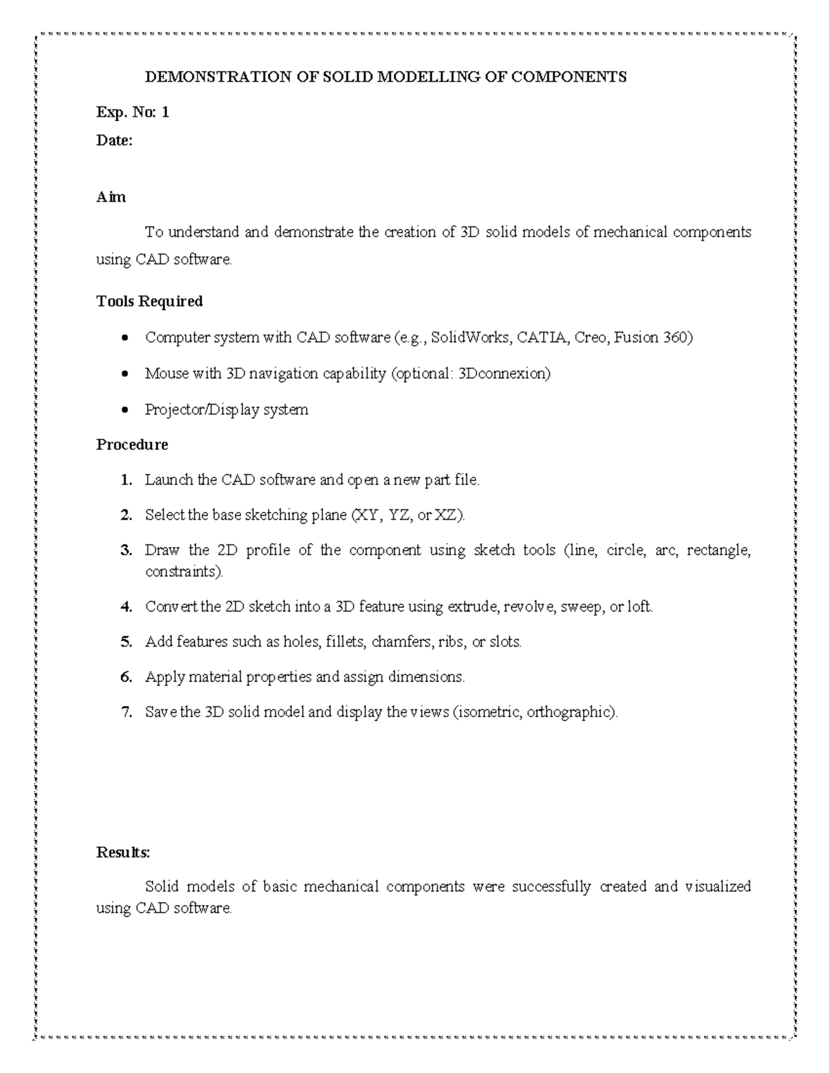 3D Solid & Assembly Modelling Techniques - Exp. No: 1 & 2 - Studocu