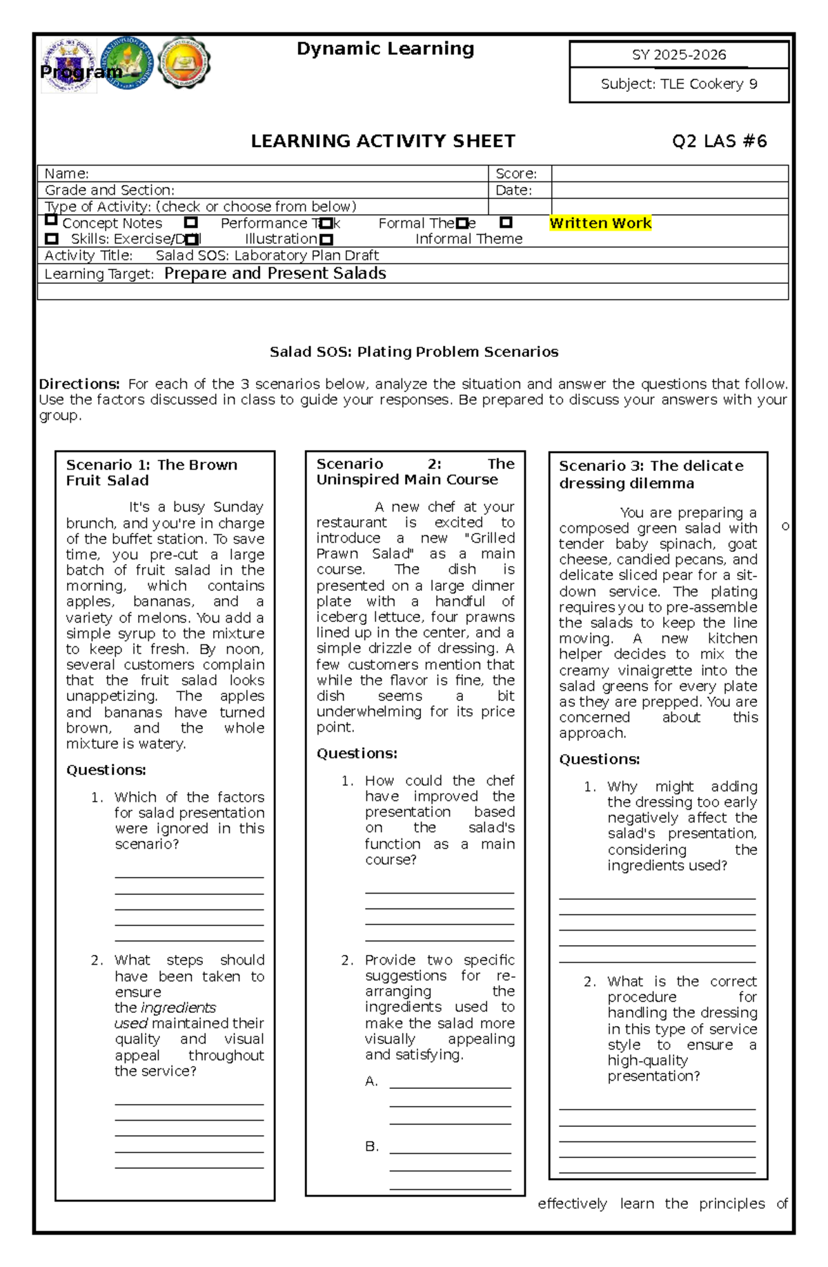 Q2 TLE Cookery 9 Learning Activity Sheet: Salad Presentation Techniques ...
