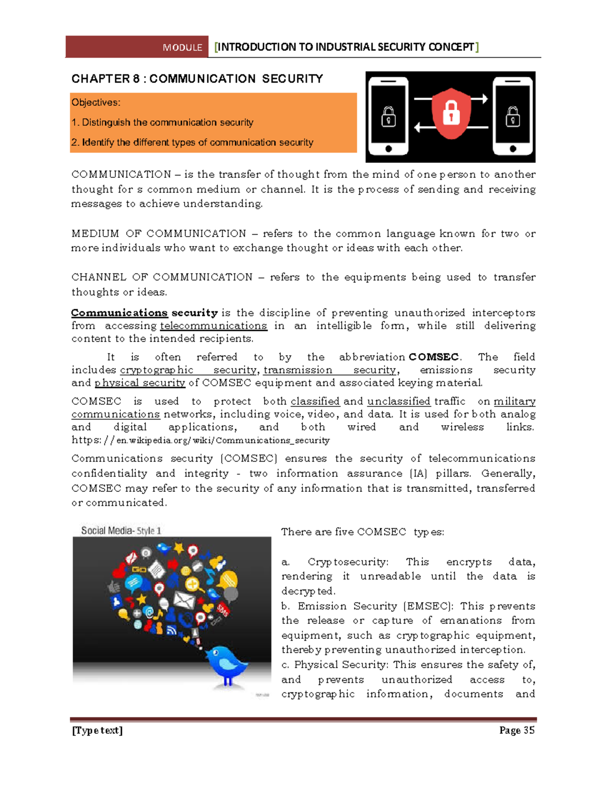 Chapter 8 - Communication Security - MODULE [INTRODUCTION TO INDUSTRIAL SECURITY CONCEPT] [Type ...