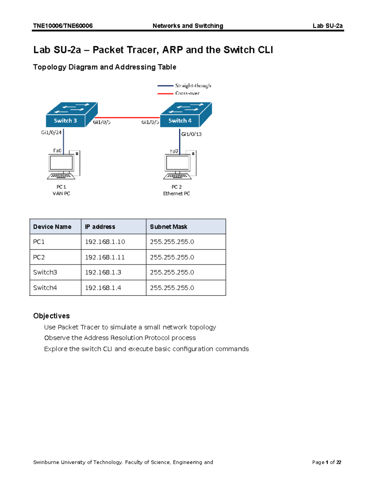 Lab SU-2a - Networks & Switching Lab: Packet Tracer, ARP & CLI Setup ...