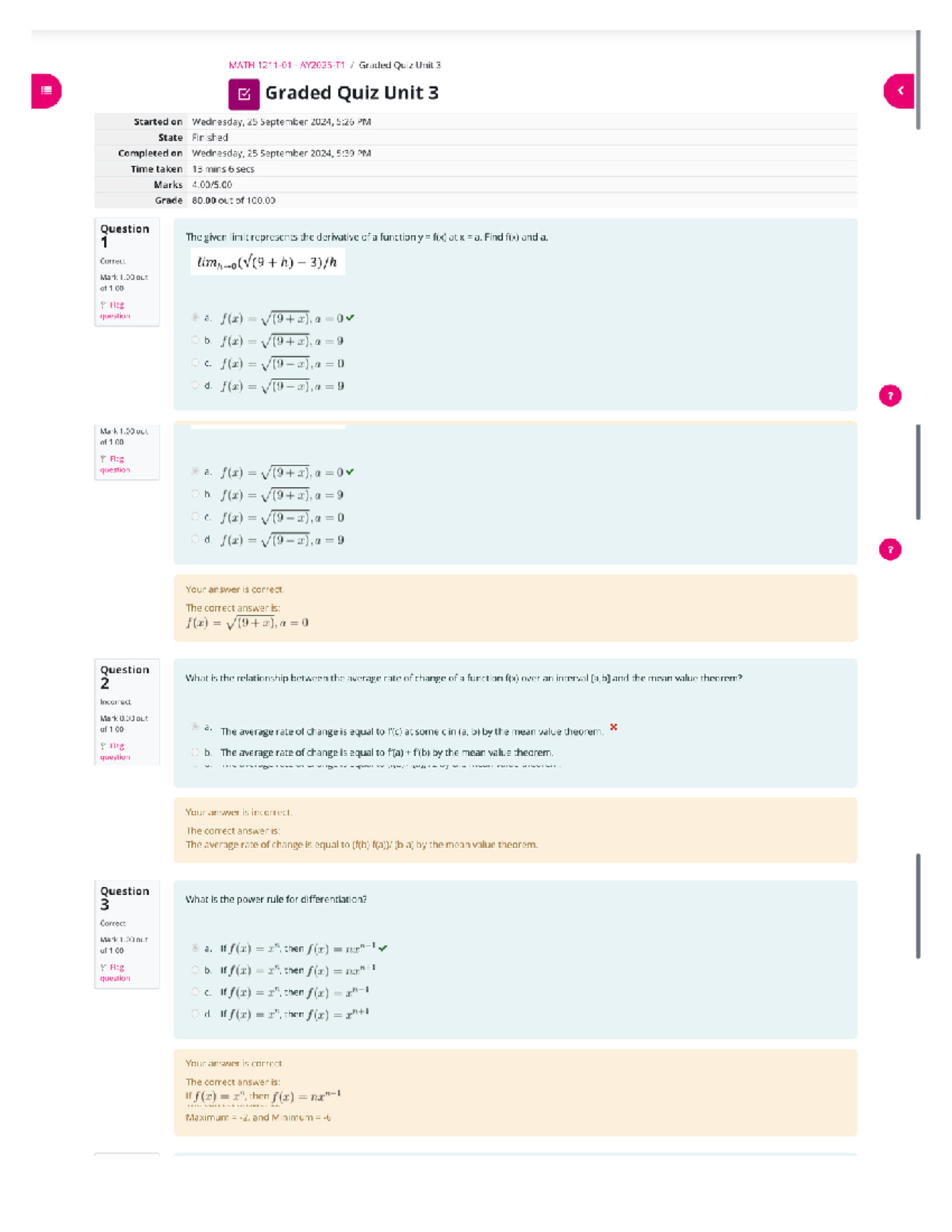 MATH 1211 Graded Quiz Review for Unit 3: Key Questions & Answers - Studocu