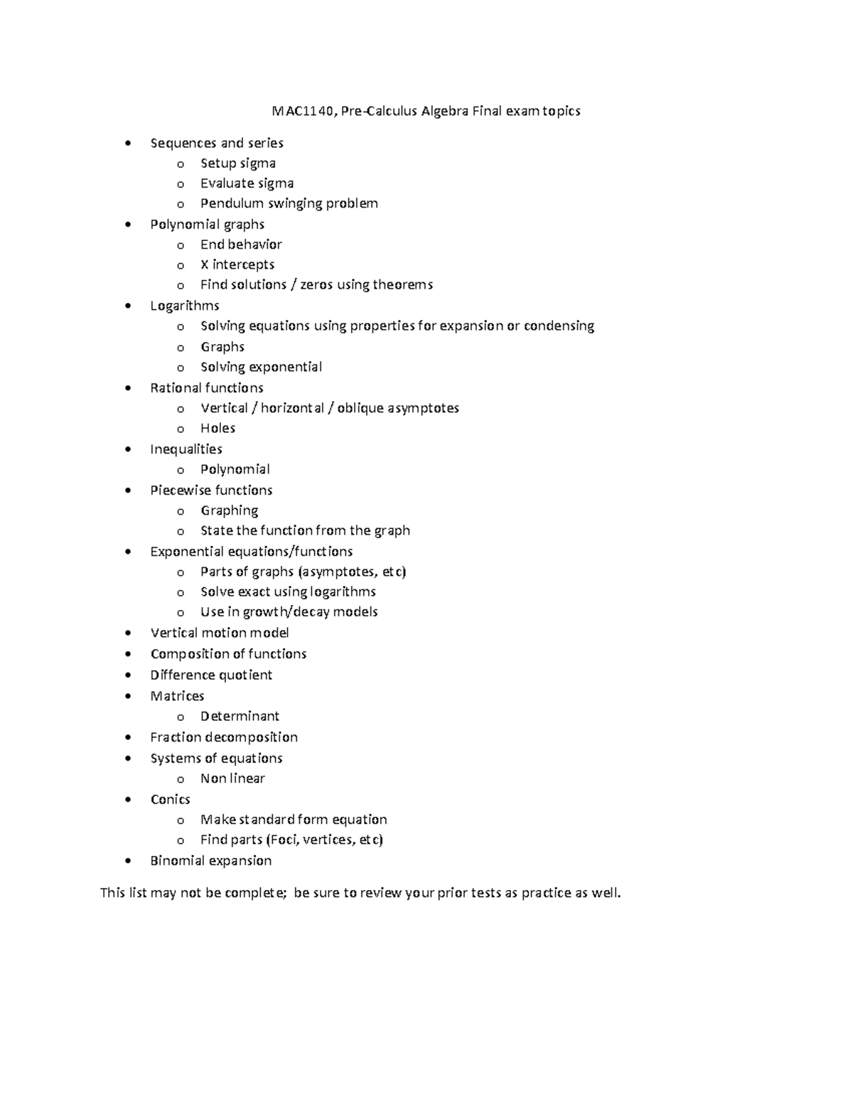 MAC1140 Pre-Calculus Algebra Final Exam Topics - Studocu