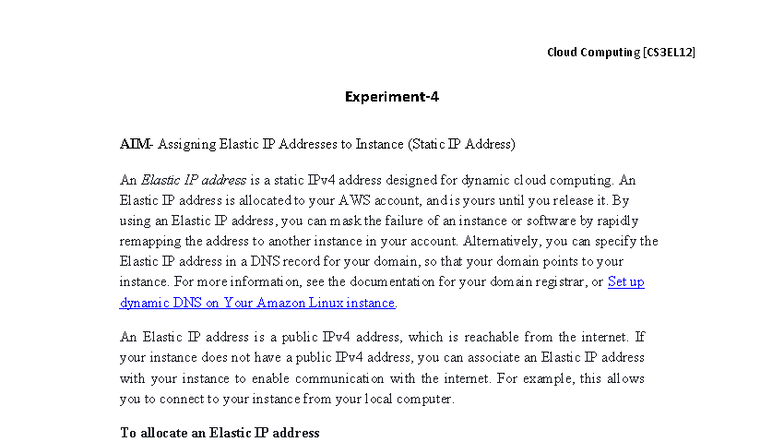 Cloud Computing EN23CS301597: Assigning Elastic IP Addresses - Studocu