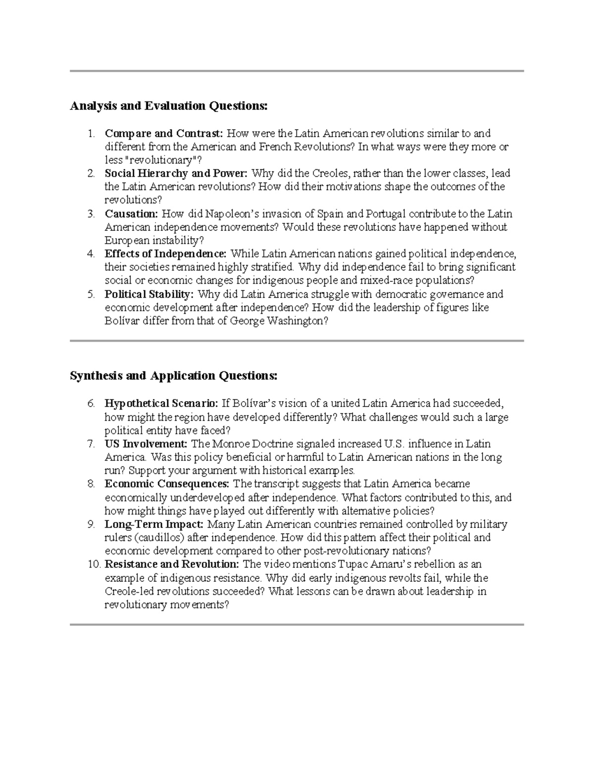 LAT 101: Latin America Revolutions Discussion Questions Analysis - Studocu