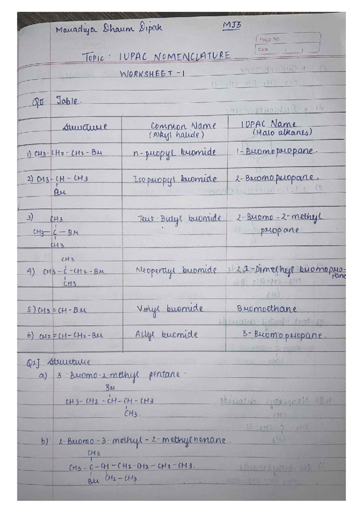 Iupac Nomenclature WS-1 - Mauadiya Dhaum Dipak MJ3 Page No. Date TOPIC ...