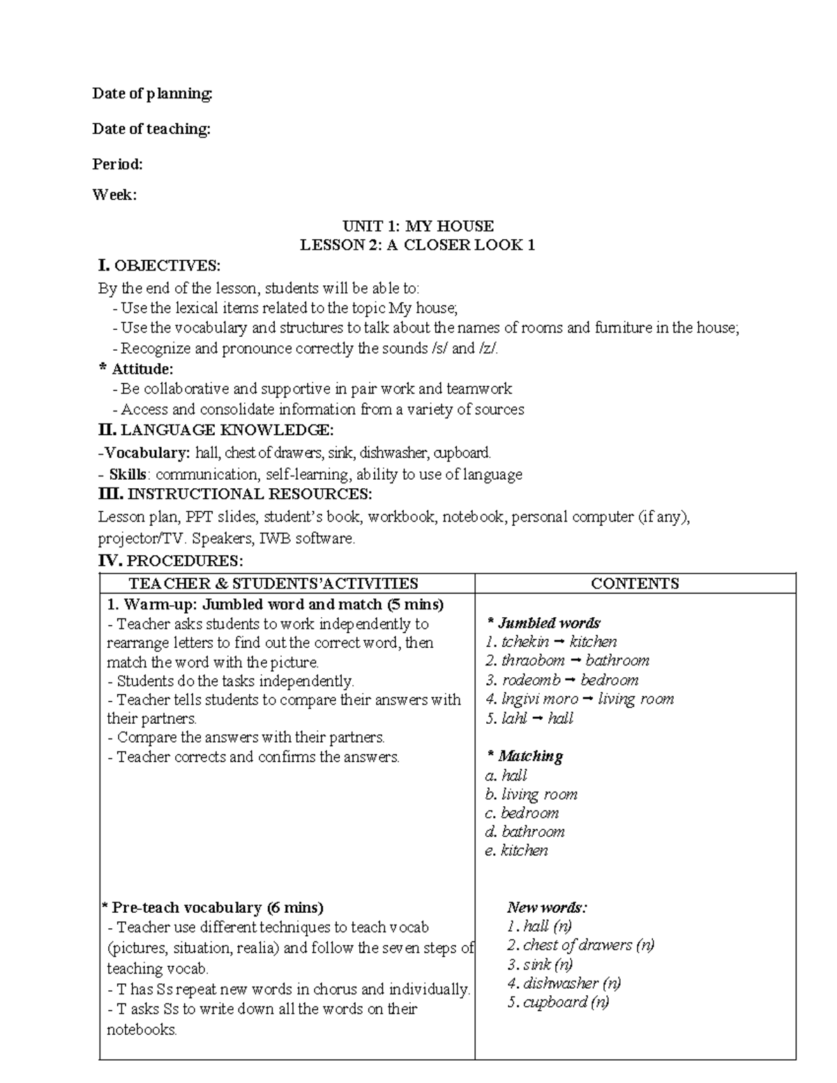 Grade 6 - UNIT 2: A Closer Look 1 - My House Lesson Plan - Studocu