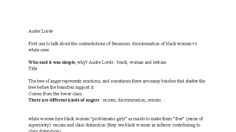 Audre Lorde: Intersectionality and Feminism Discourse in Class - Studocu