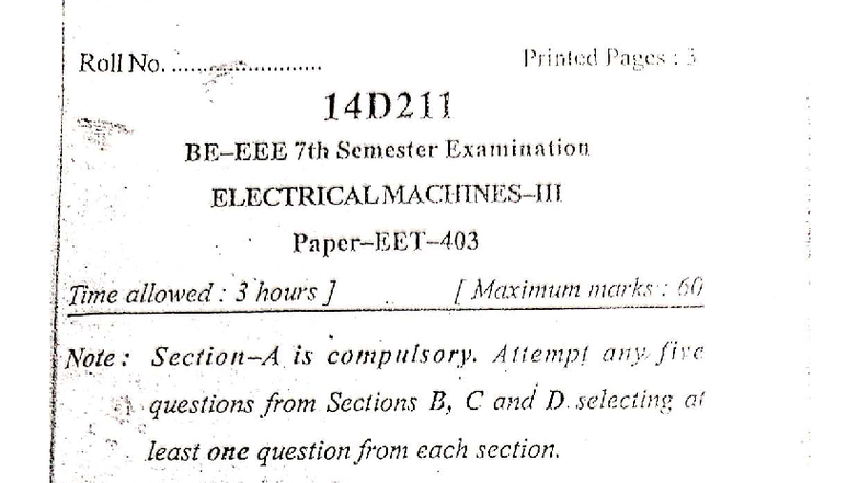 BEEE 7th Semester Exam: Electrical Engineering Concepts & Applications ...