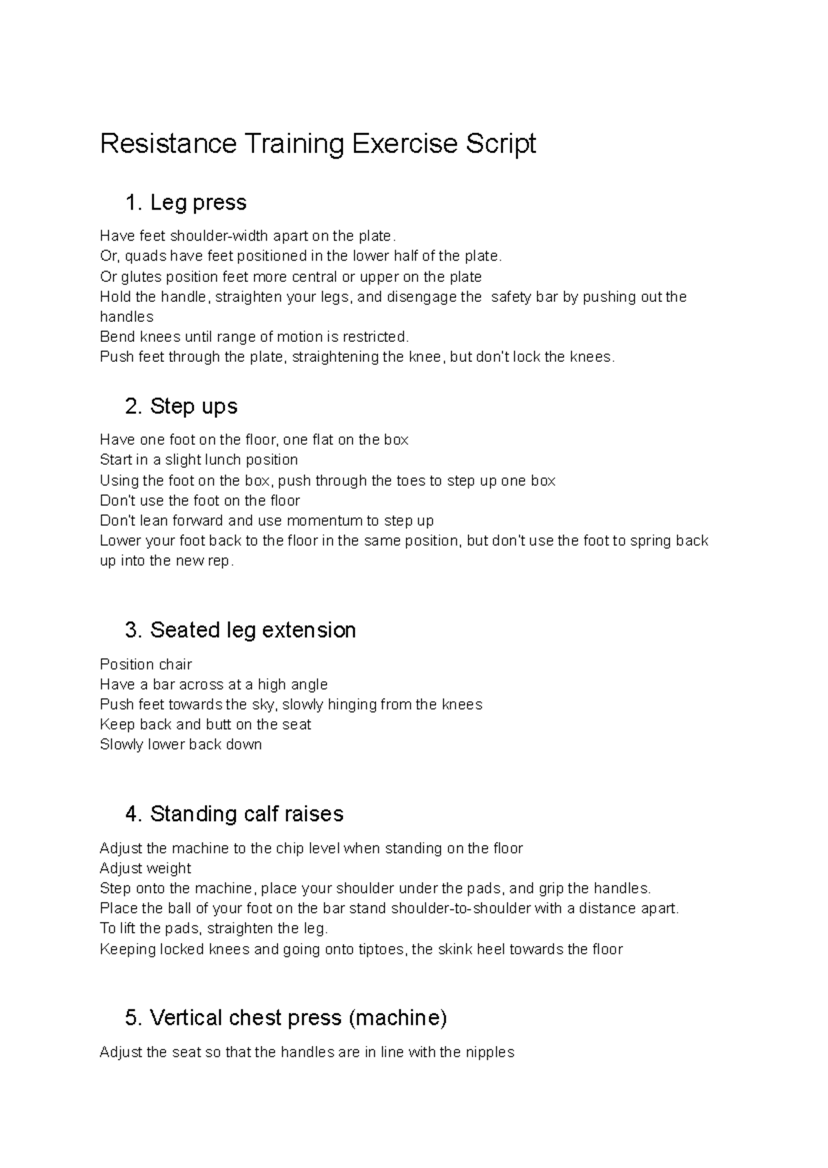 Resistance Training Exercise Script: Techniques & Instructions - Studocu