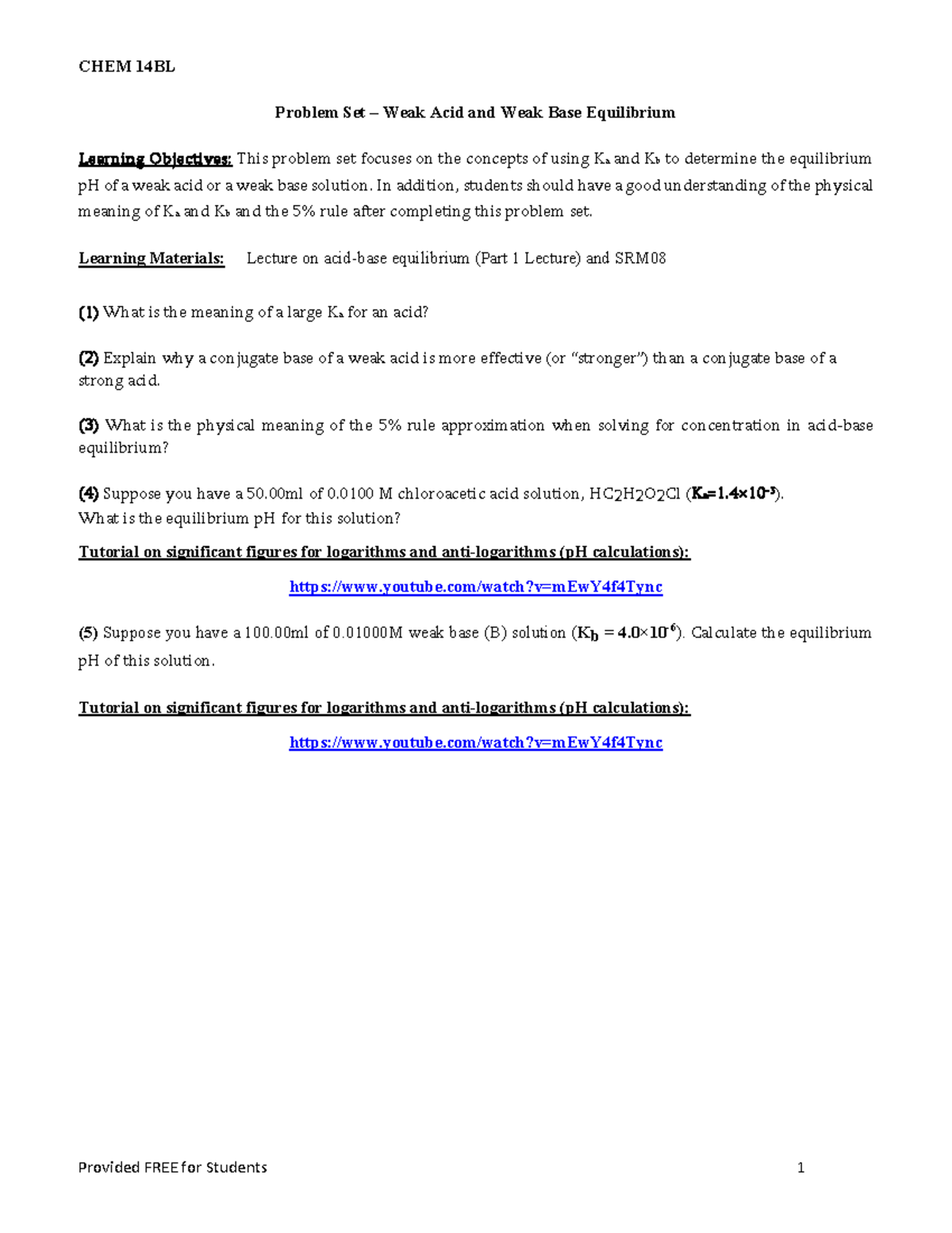 CHEM 14BL Problem Set: Weak Acid & Base Equilibrium Solutions - Studocu