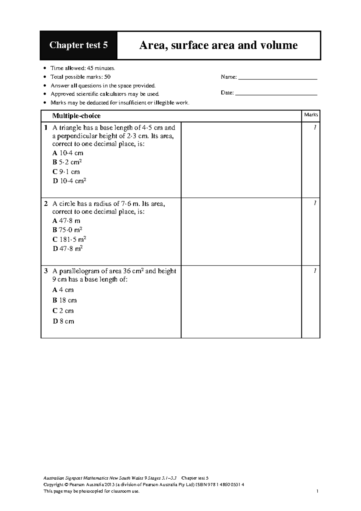 ASM9 Chapter Test 5: Area, Surface Area & Volume - Studocu