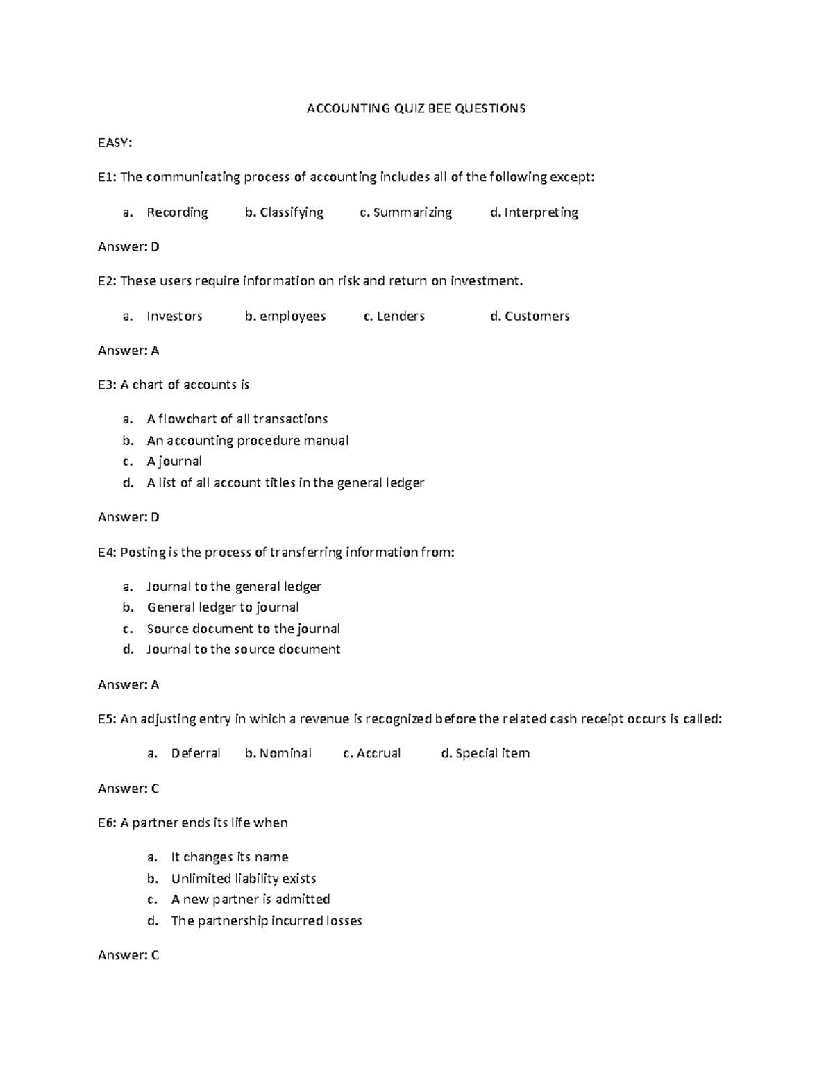 Accounting Quiz Bee Q&A - Easy, Medium & Difficult Levels - Studocu