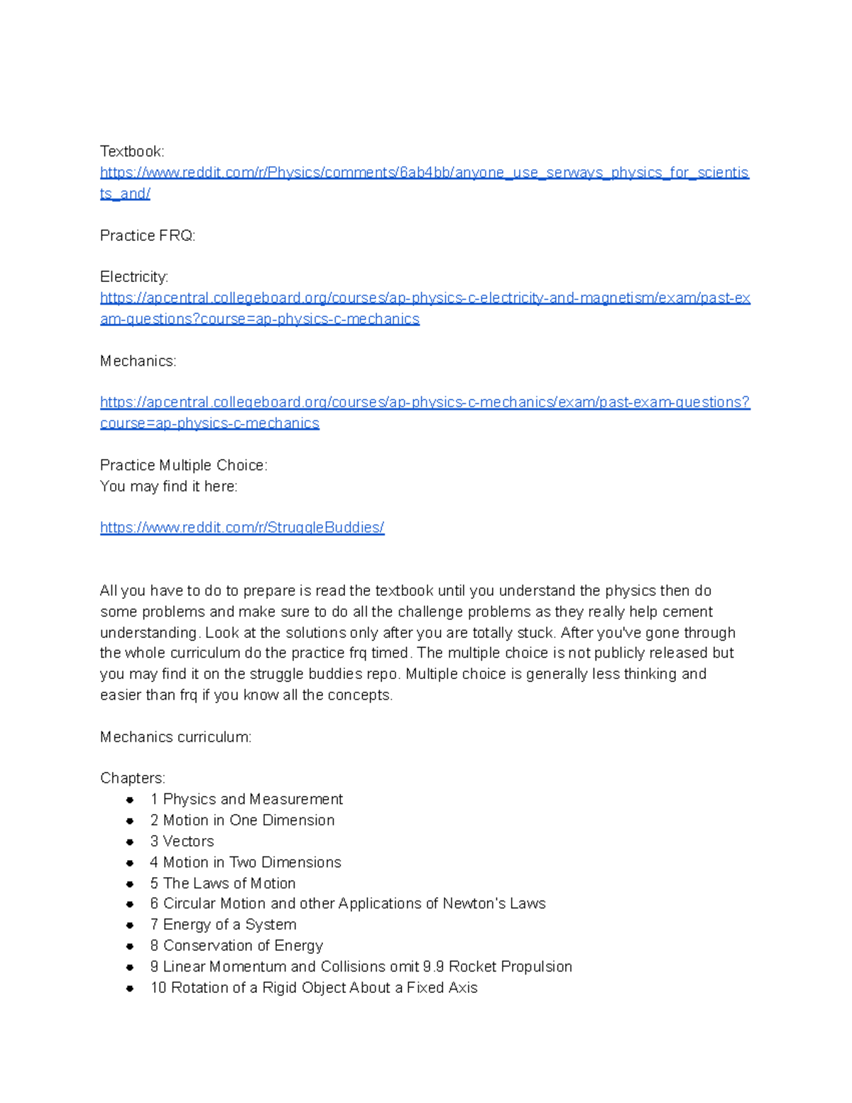 Physics C: Practice FRQ & MC for Electricity & Mechanics - Studocu