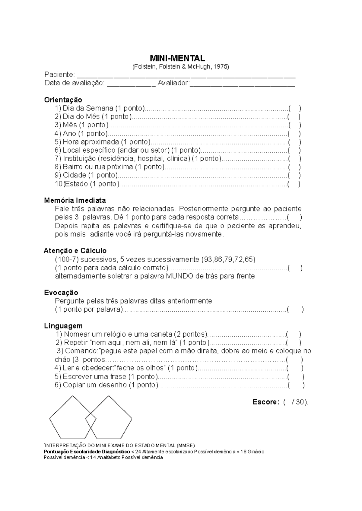 MINI Exame do Estado Mental (MMSE) - Avaliação e Interpretação - Studocu