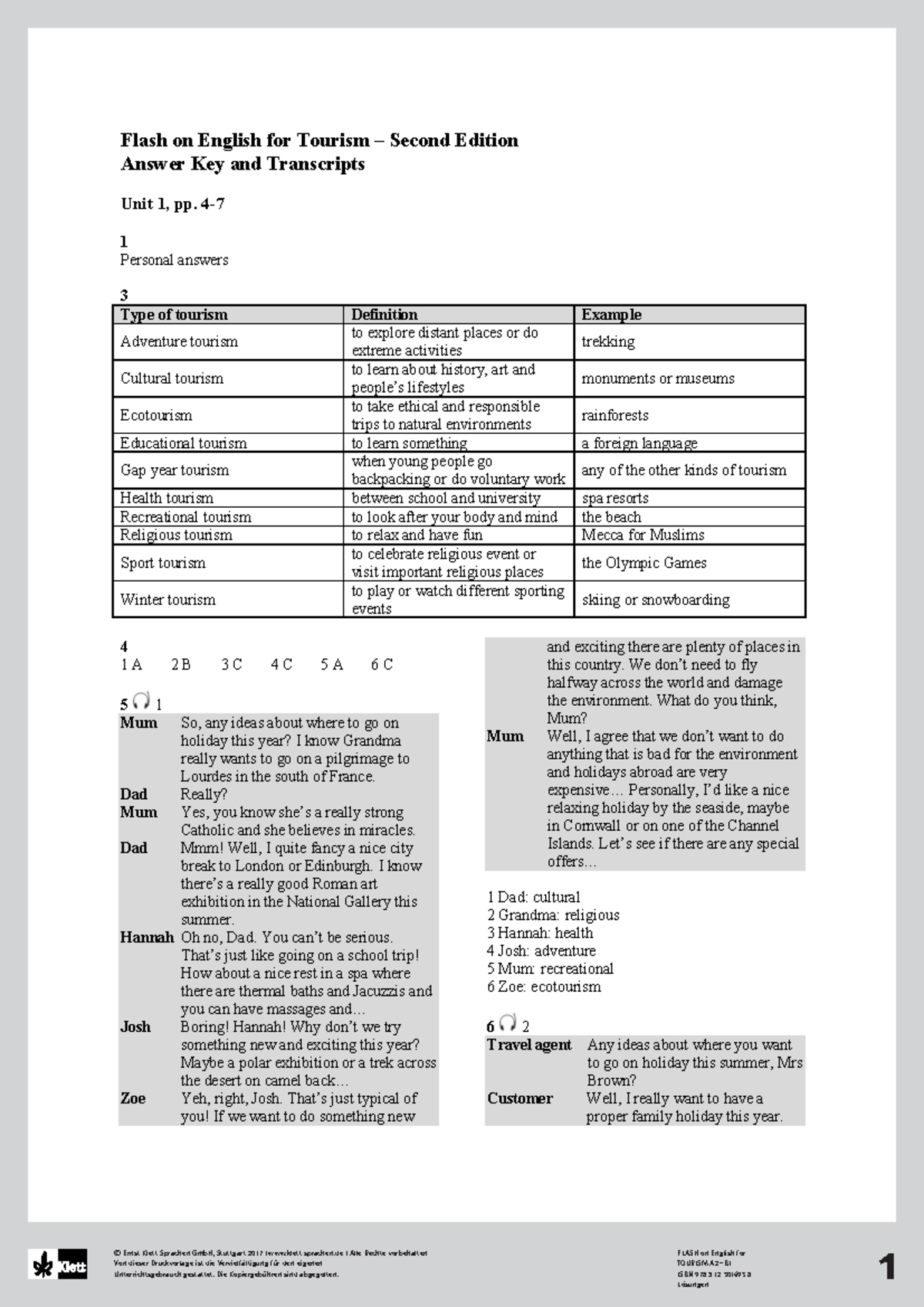 Flash on English for Tourism A2-B: Answer Key & Transcripts Guide - Studocu