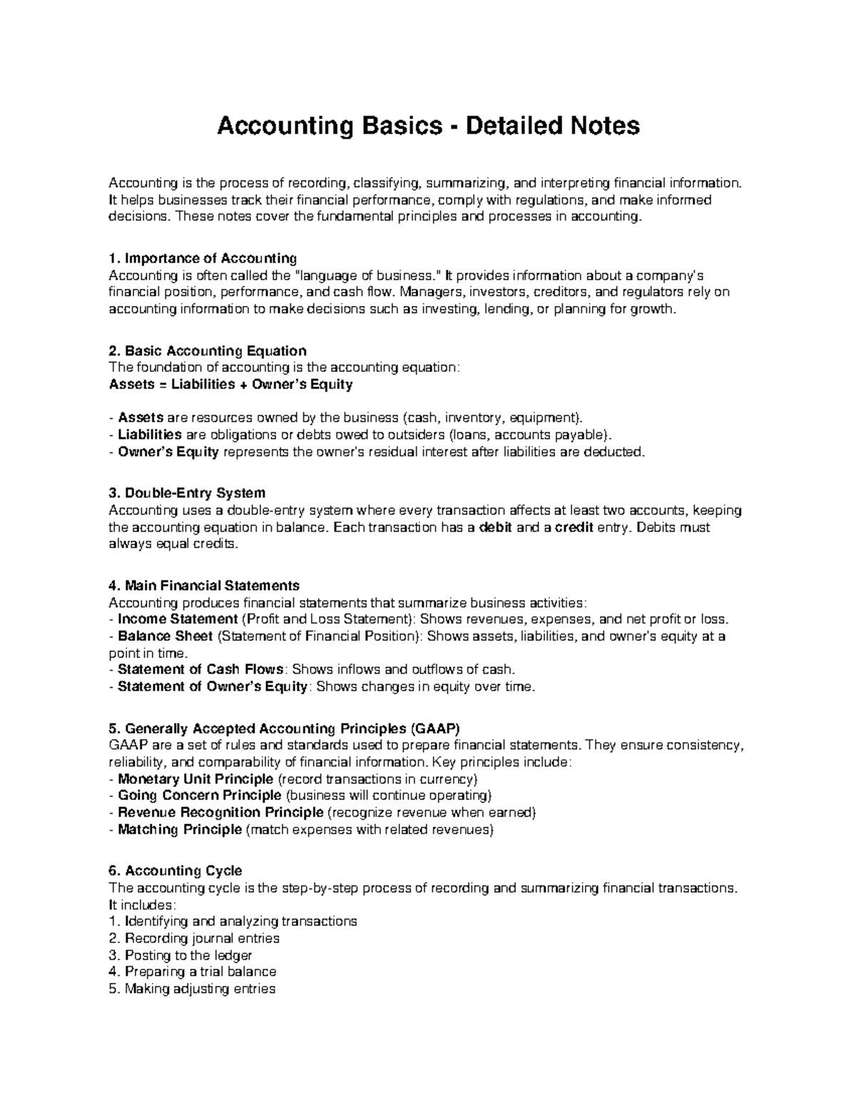 ACCT 101: Comprehensive Notes on Accounting Basics - Studocu