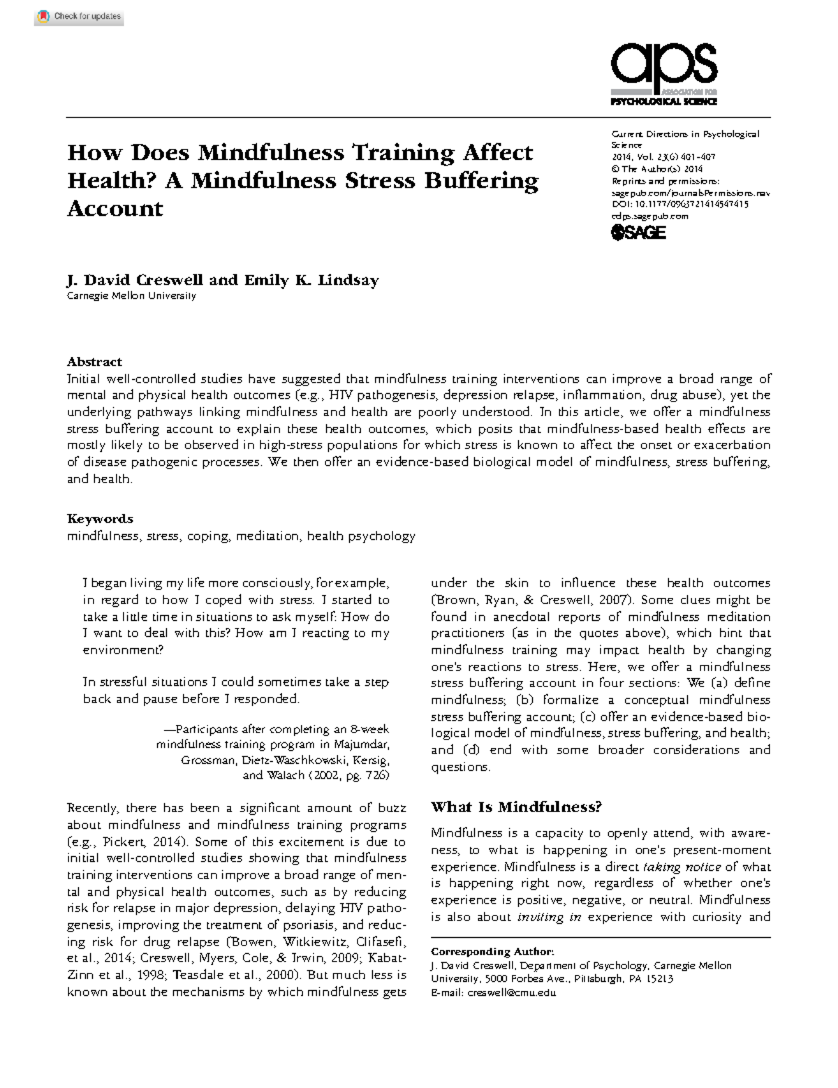 Mindfulness Training and Health: Understanding the Stress Buffering ...
