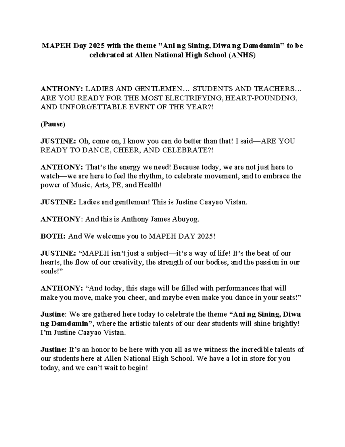 MAPEH Day 2025 Script: Celebrating Sining, Diwa ng Talents at ANHS ...