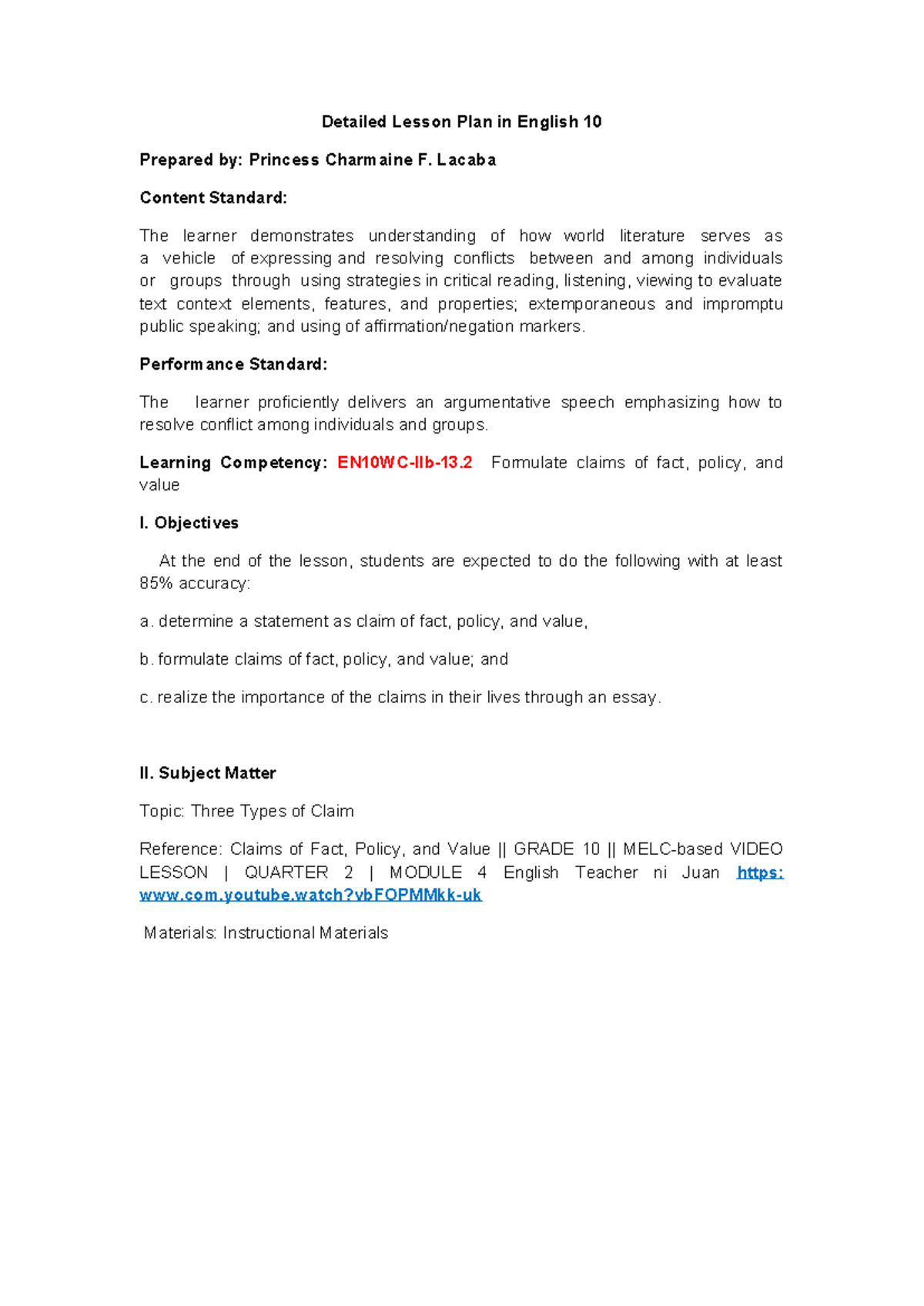 Three Types of Claim - Lesson Plan (EN10WC-IIb-13) - Studocu