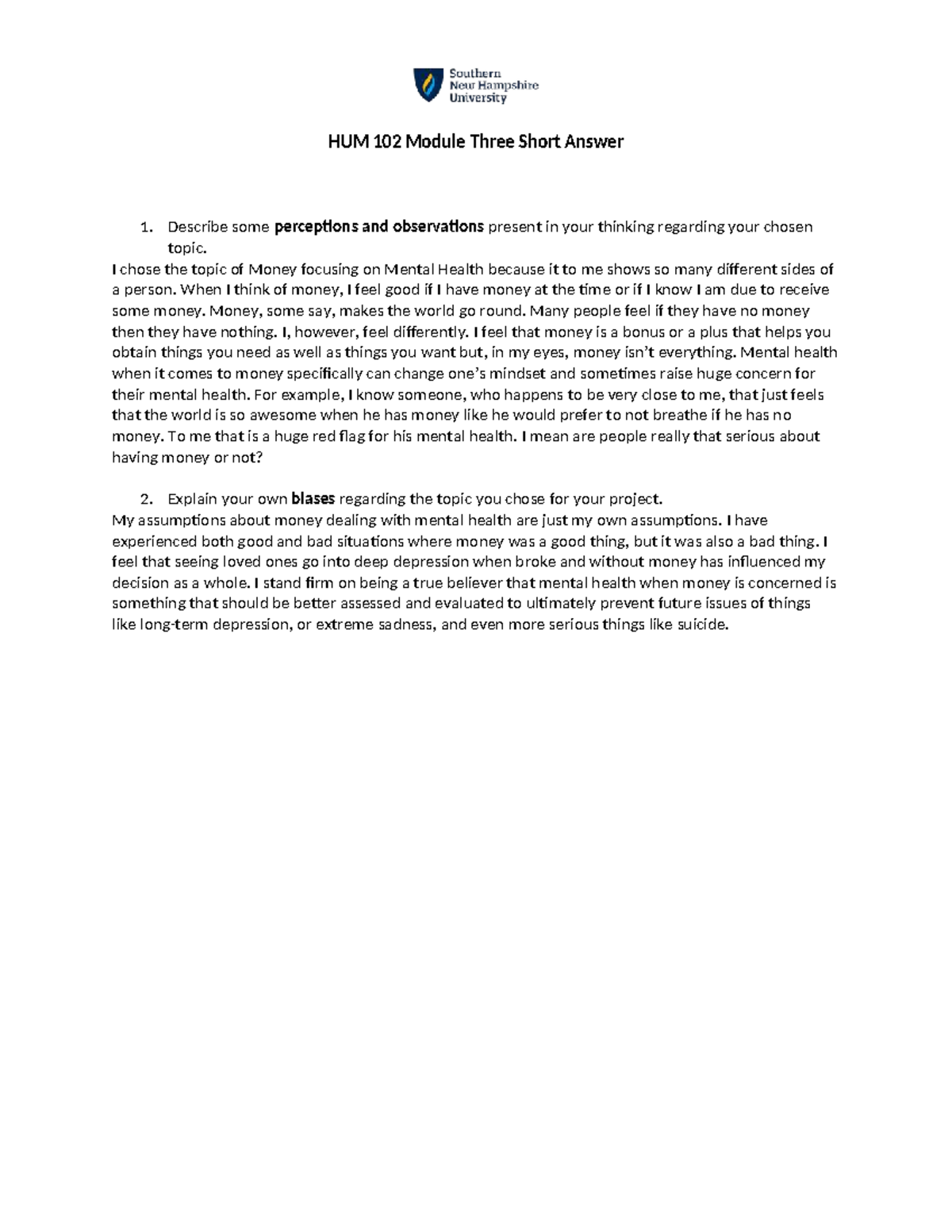 HUM 102 Module 3 Short Answer: Money and Mental Health Insights - Studocu