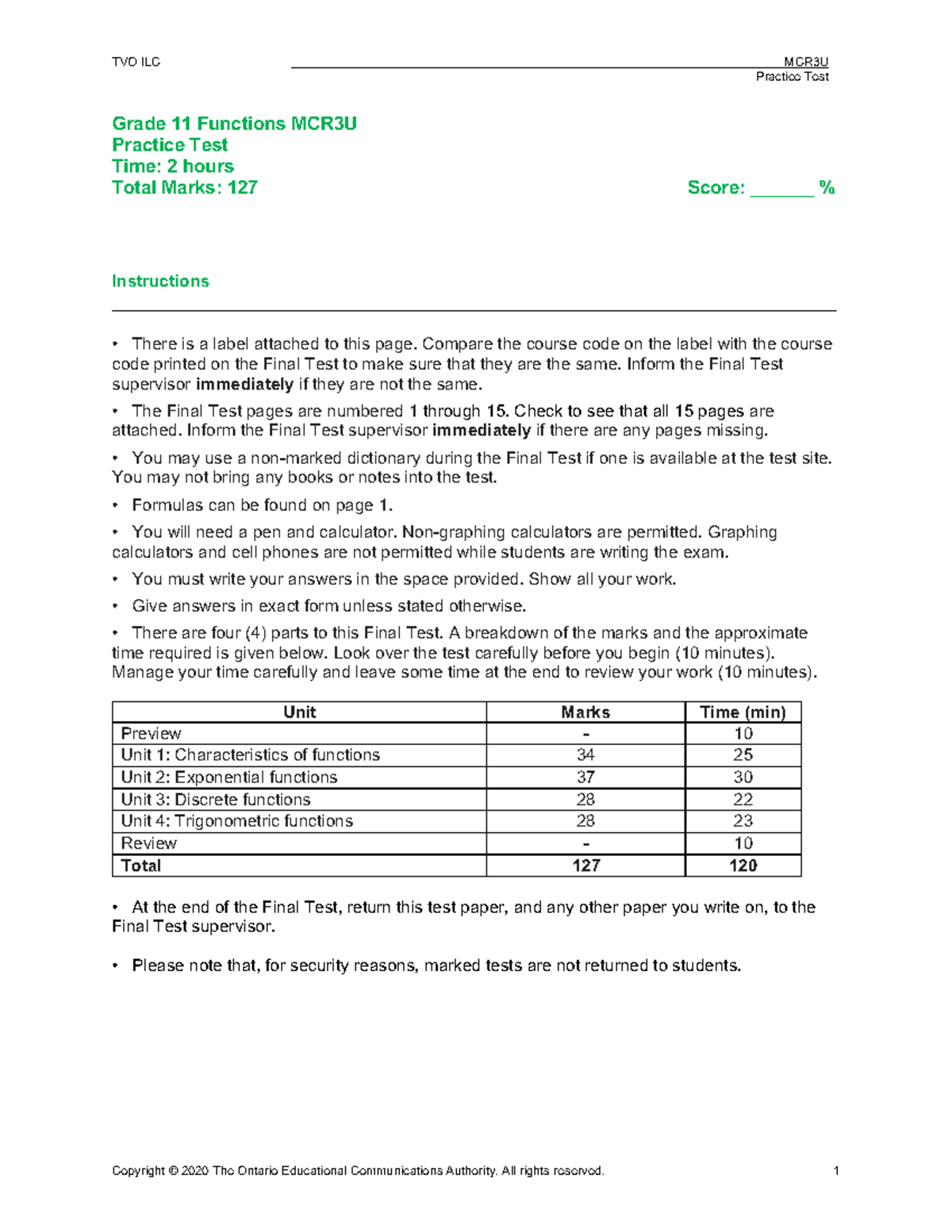 Mcr3u 04 - practice - ####### Practice Test Grade 11 Functions MCR3U ...